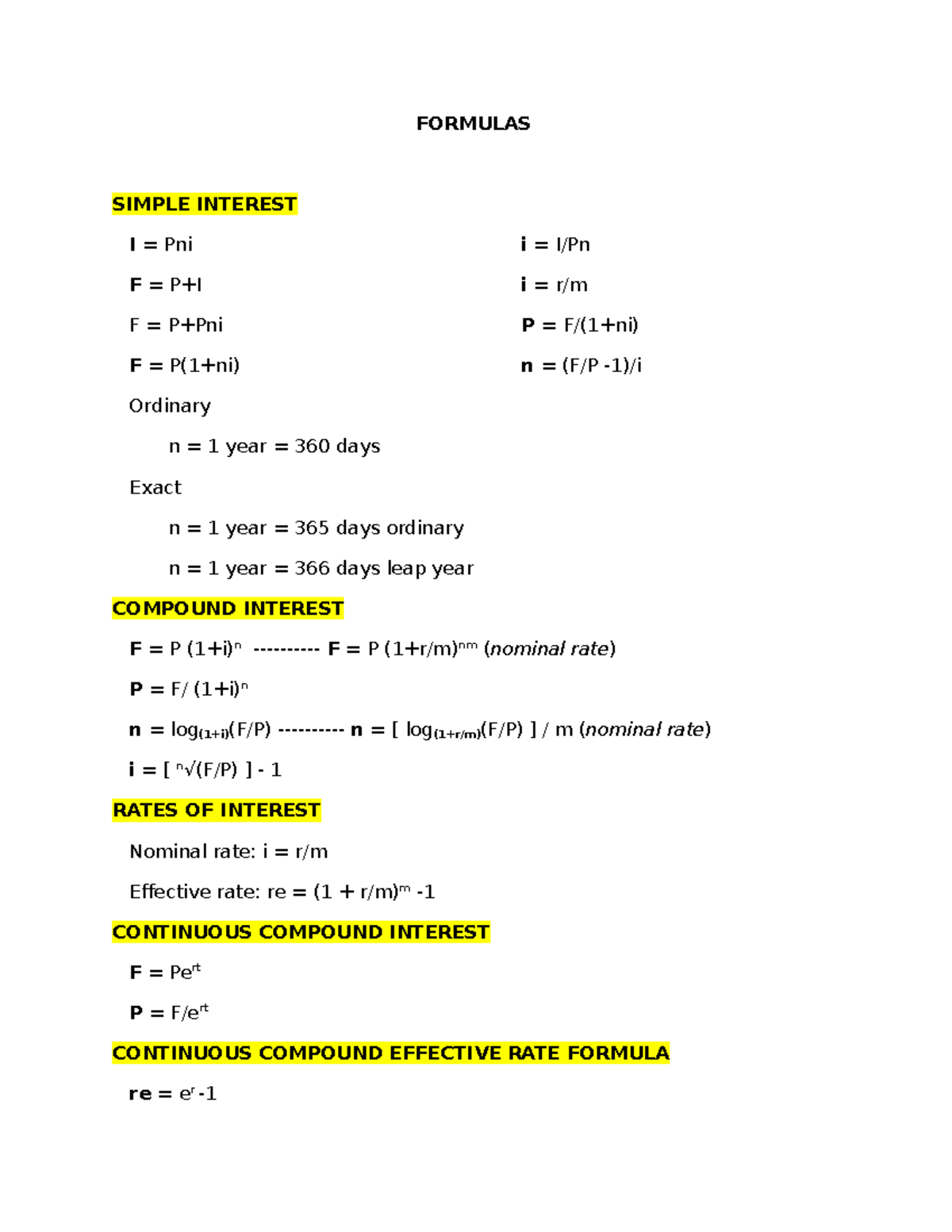 1 Formulas - Lecture notes 5 - FORMULAS SIMPLE INTEREST I = Pni F = P+I ...