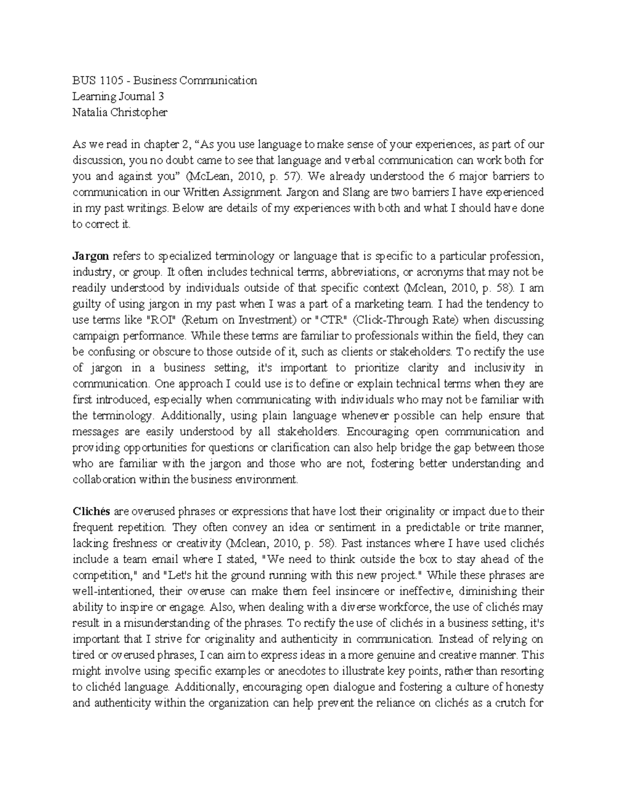 Learning Journal 3 Comms - BUS 1105 - Business Communication Learning ...