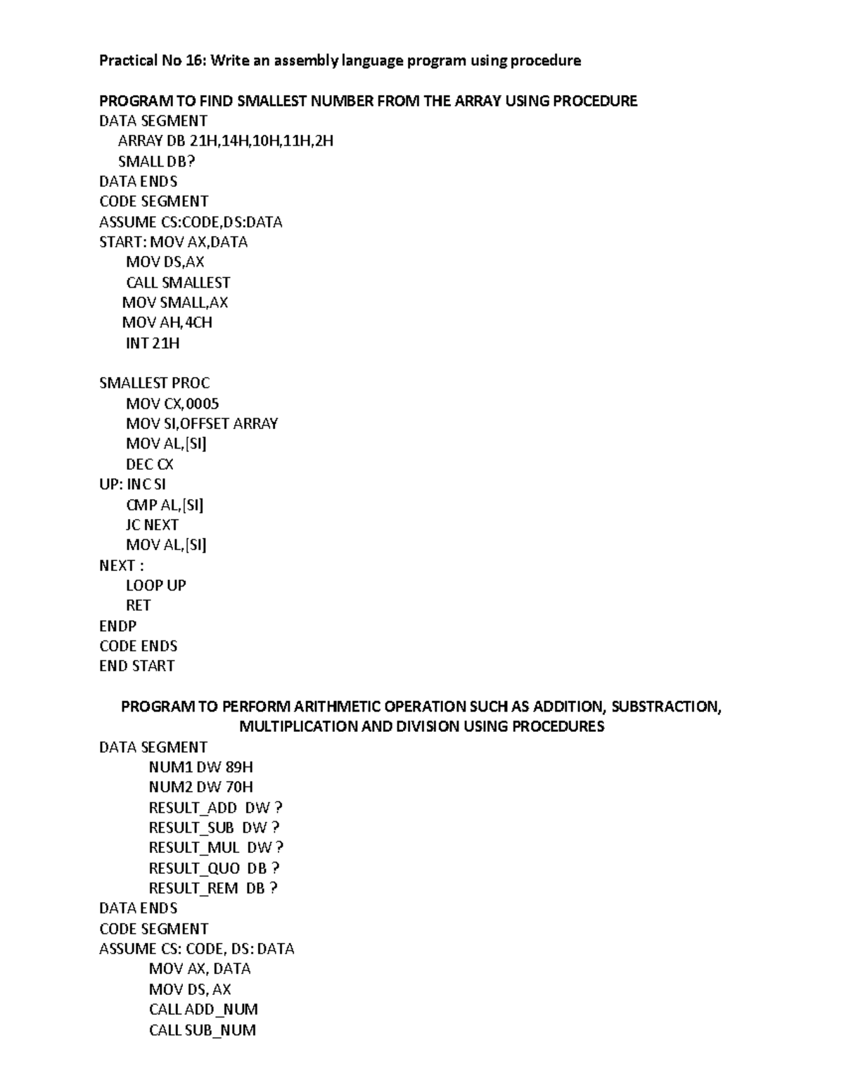 Mic Practical No 16 Practical Notes Of Gad Java And Mic Practical No 16 Write An Assembly