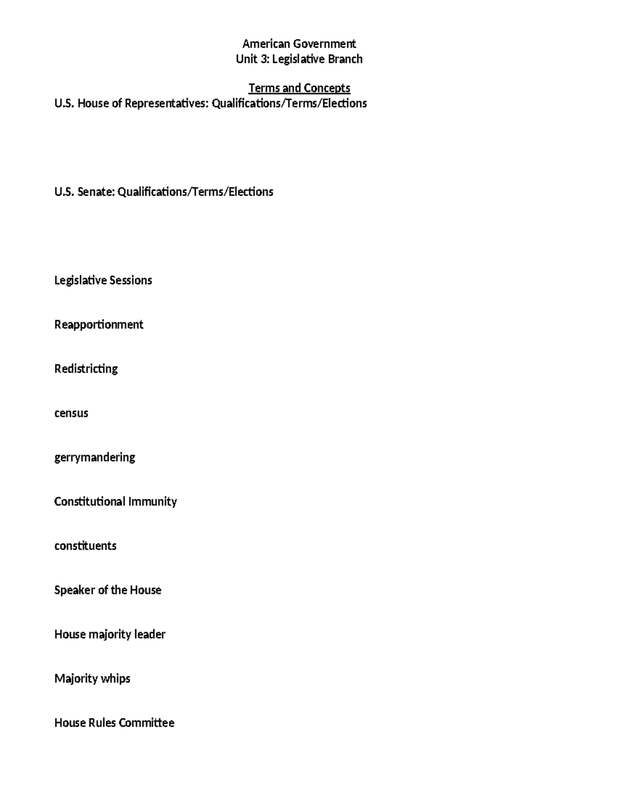 Gov unit 3 terms and concepts - American Government Unit 3: Legislative ...