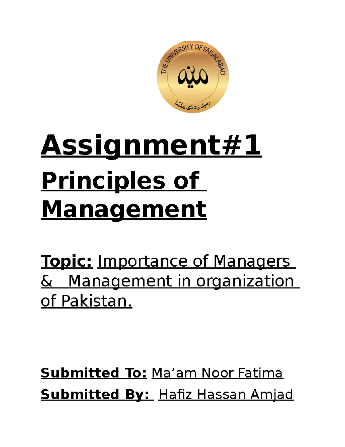 Managment Assignment#1 - Assignment# Principles of Management Topic ...