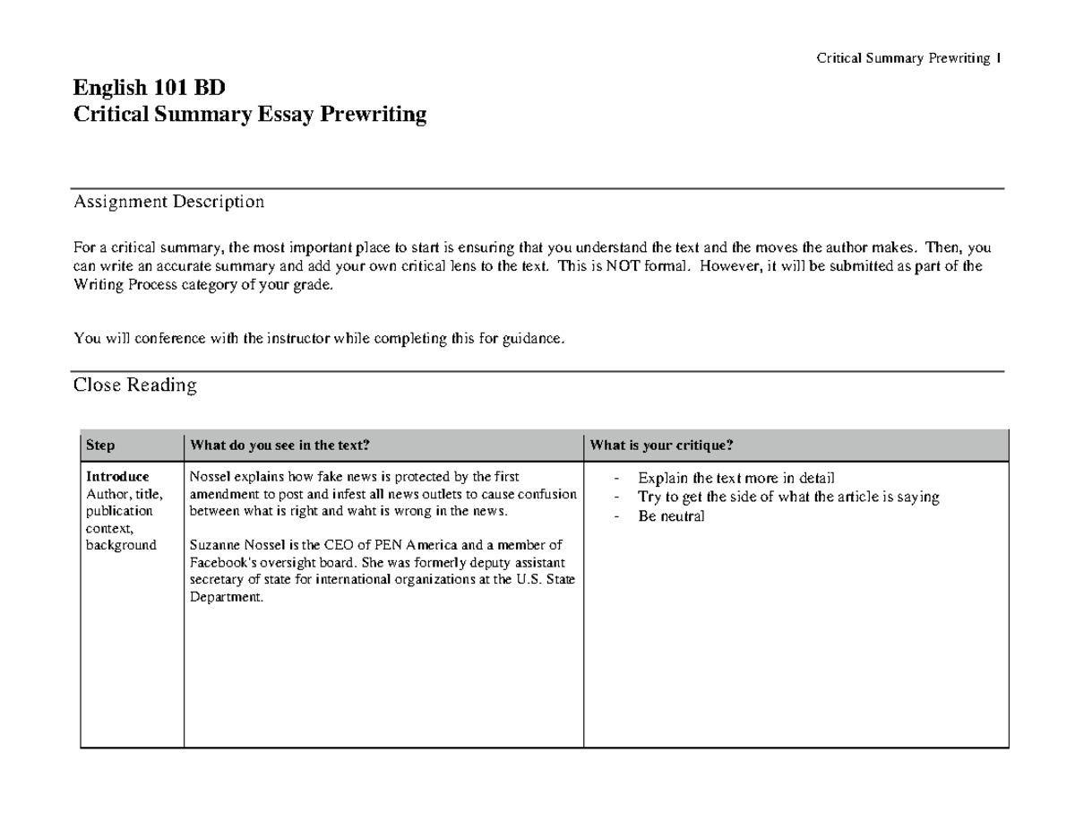 English 101 Critical Summary Prewriting - Critical Summary Prewriting 1 ...
