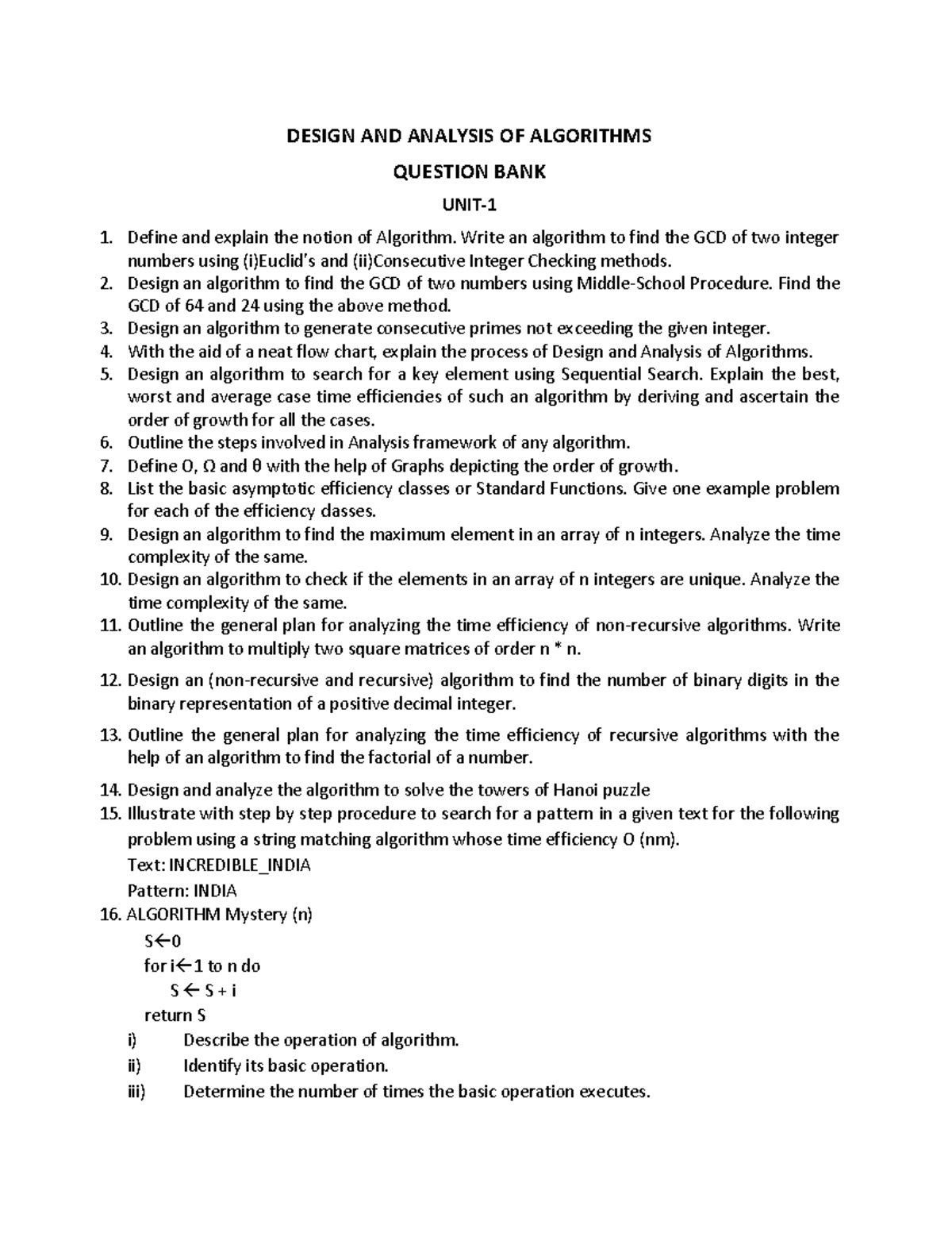 DAA-Question Bank(All Units) - DESIGN AND ANALYSIS OF ALGORITHMS QUESTION BANK UNIT- 1 Define ...