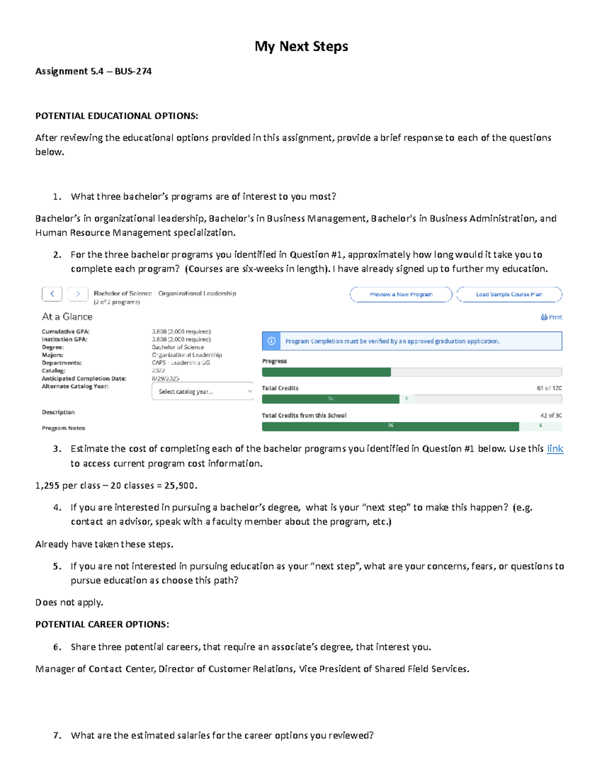 BUS-274 Assignment 5.4 template My Next Steps - My Next Steps Assignment 5 – BUS- POTENTIAL ...