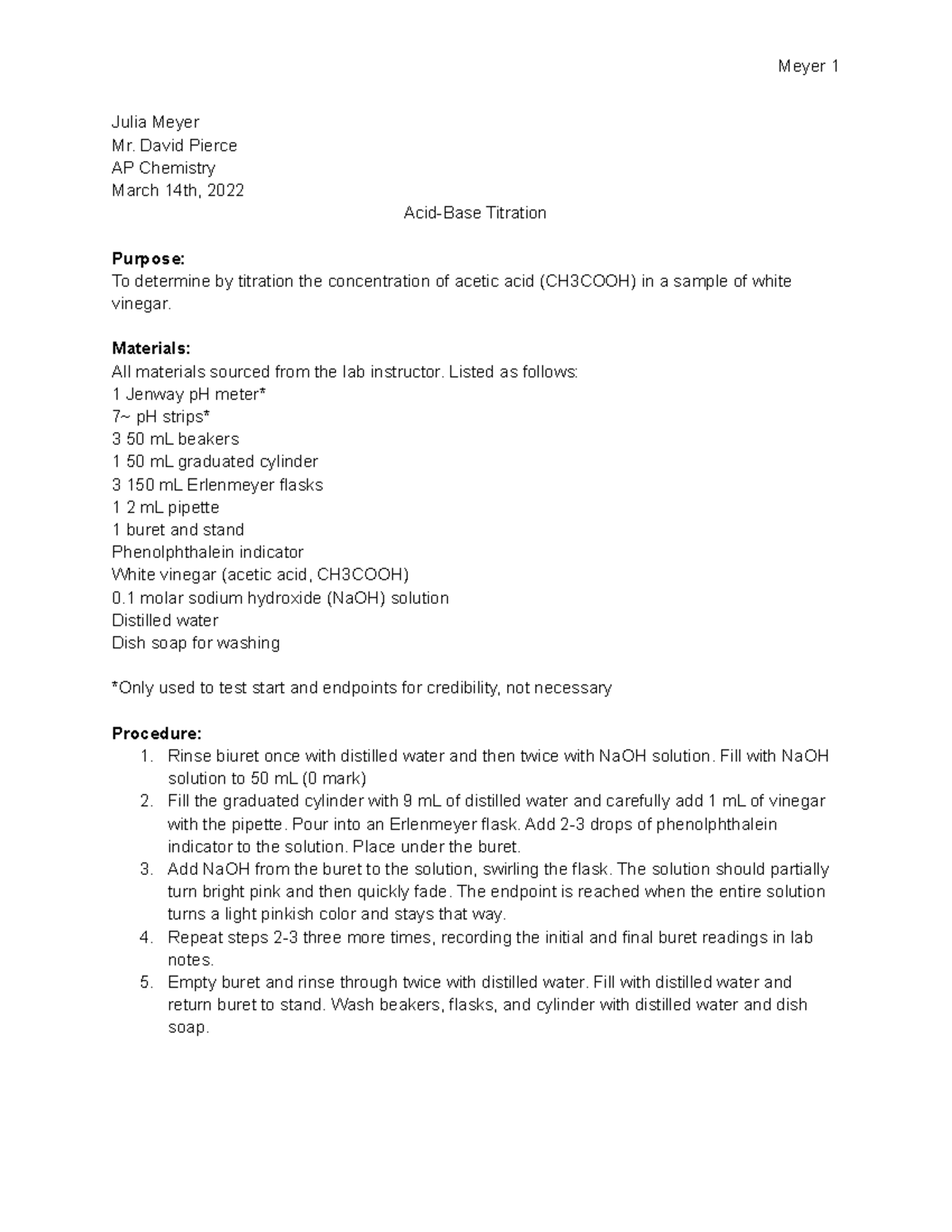 Acid-Base Titration Lab Report - Meyer 1 Julia Meyer Mr. David Pierce ...