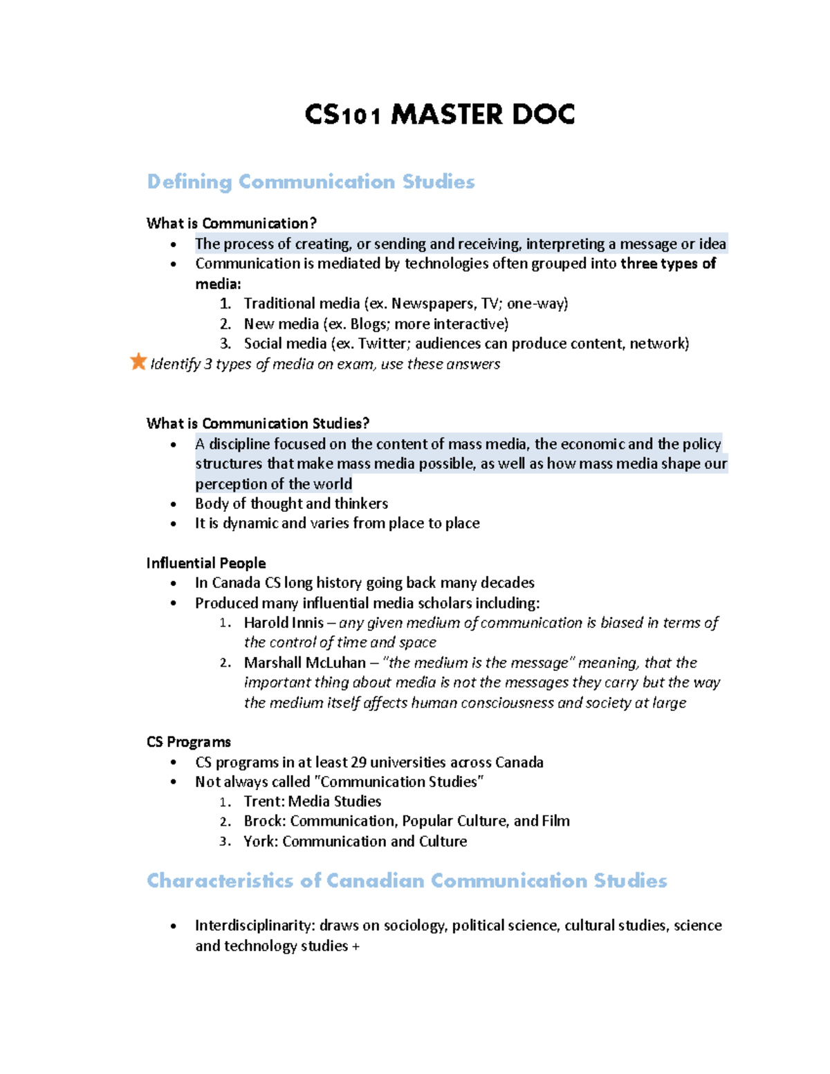 CS101 Master DOC - CS 101 MASTER DOC Defining Communication Studies What is Communication? • The ...