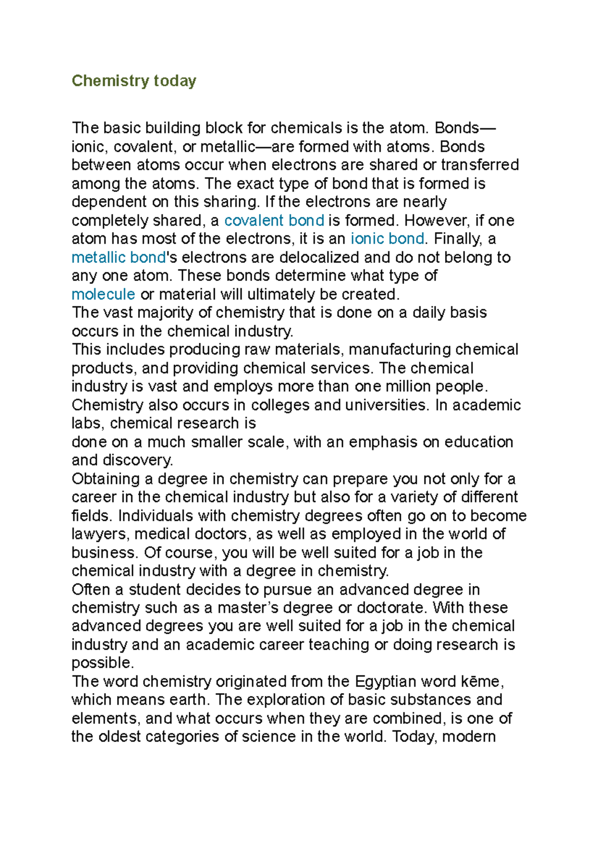 Chemistry chapter 1 lesson 2 - Chemistry today The basic building block ...