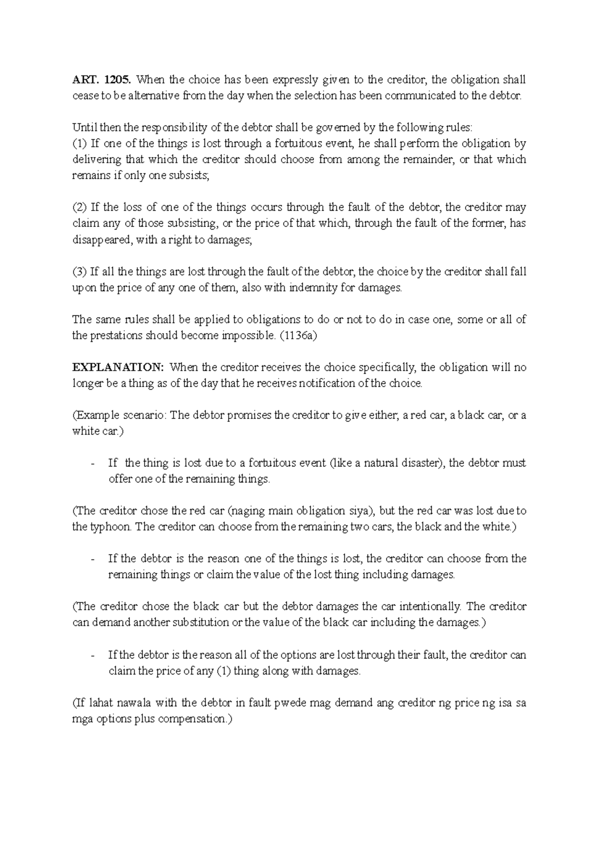 Obli Con ART. 1205-1250 - ART. 1205. When the choice has been expressly ...