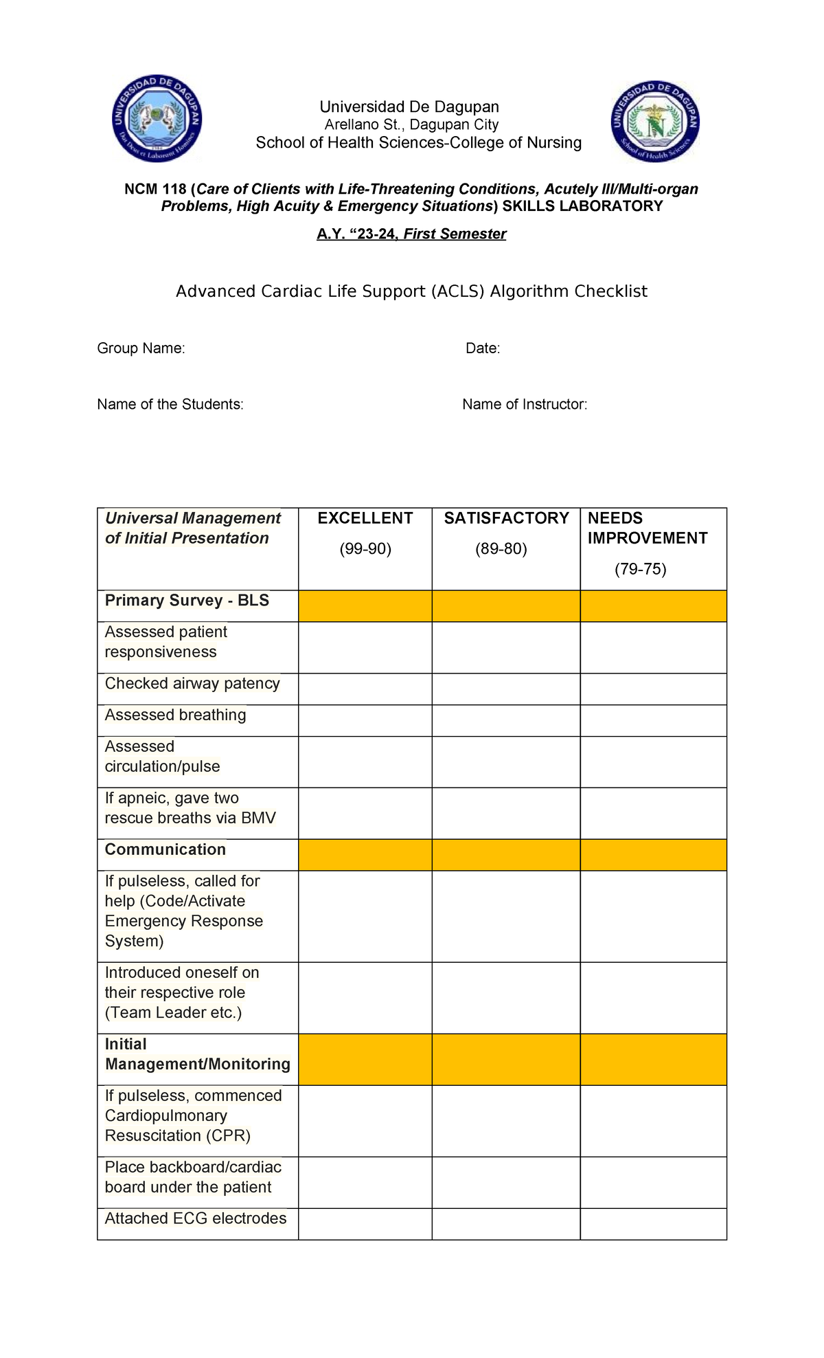 ACLS-Checklist - Summary Basic Nursing - Universidad De Dagupan ...