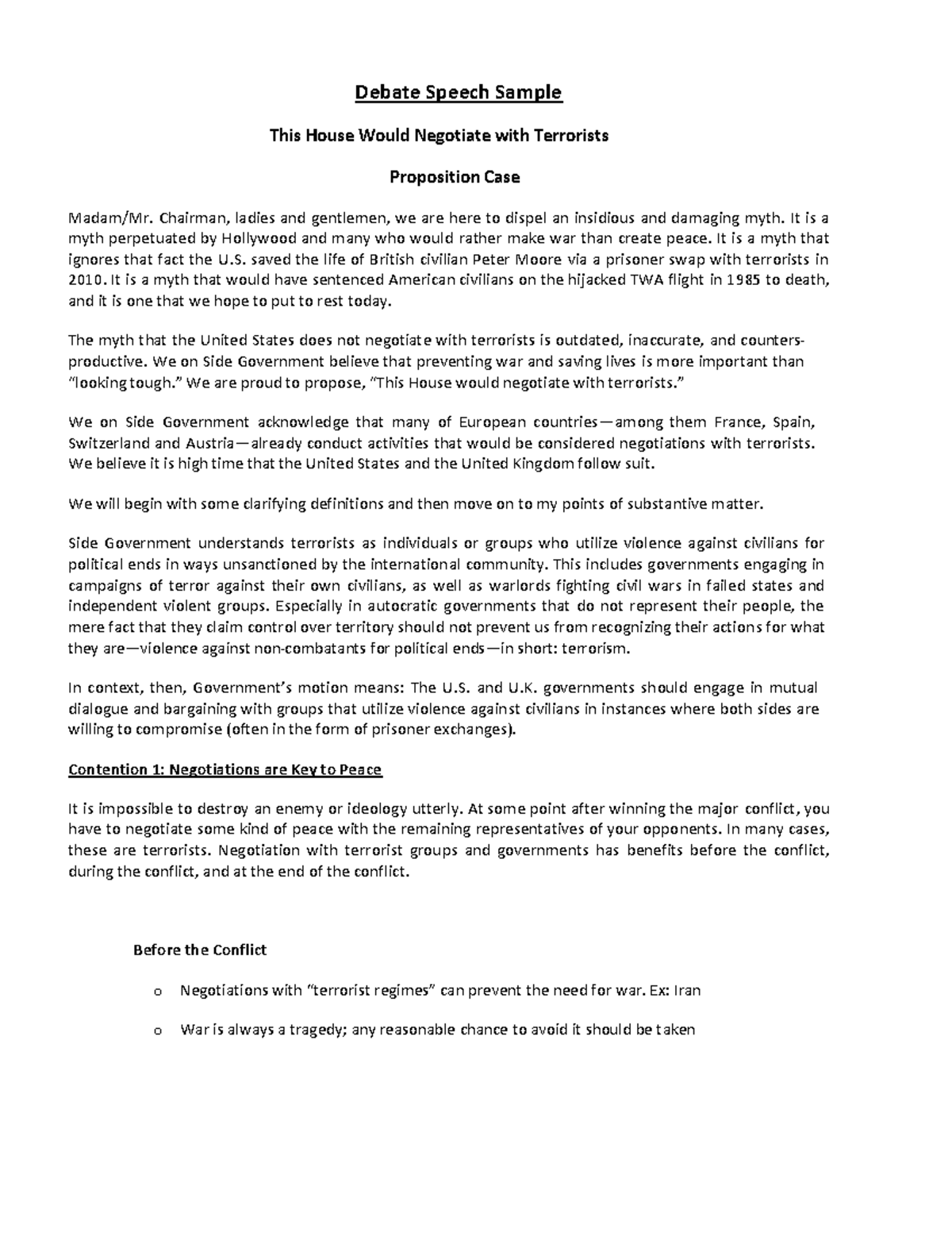 Debate-speech-sample - Debate Speech Sample This House Would Negotiate ...
