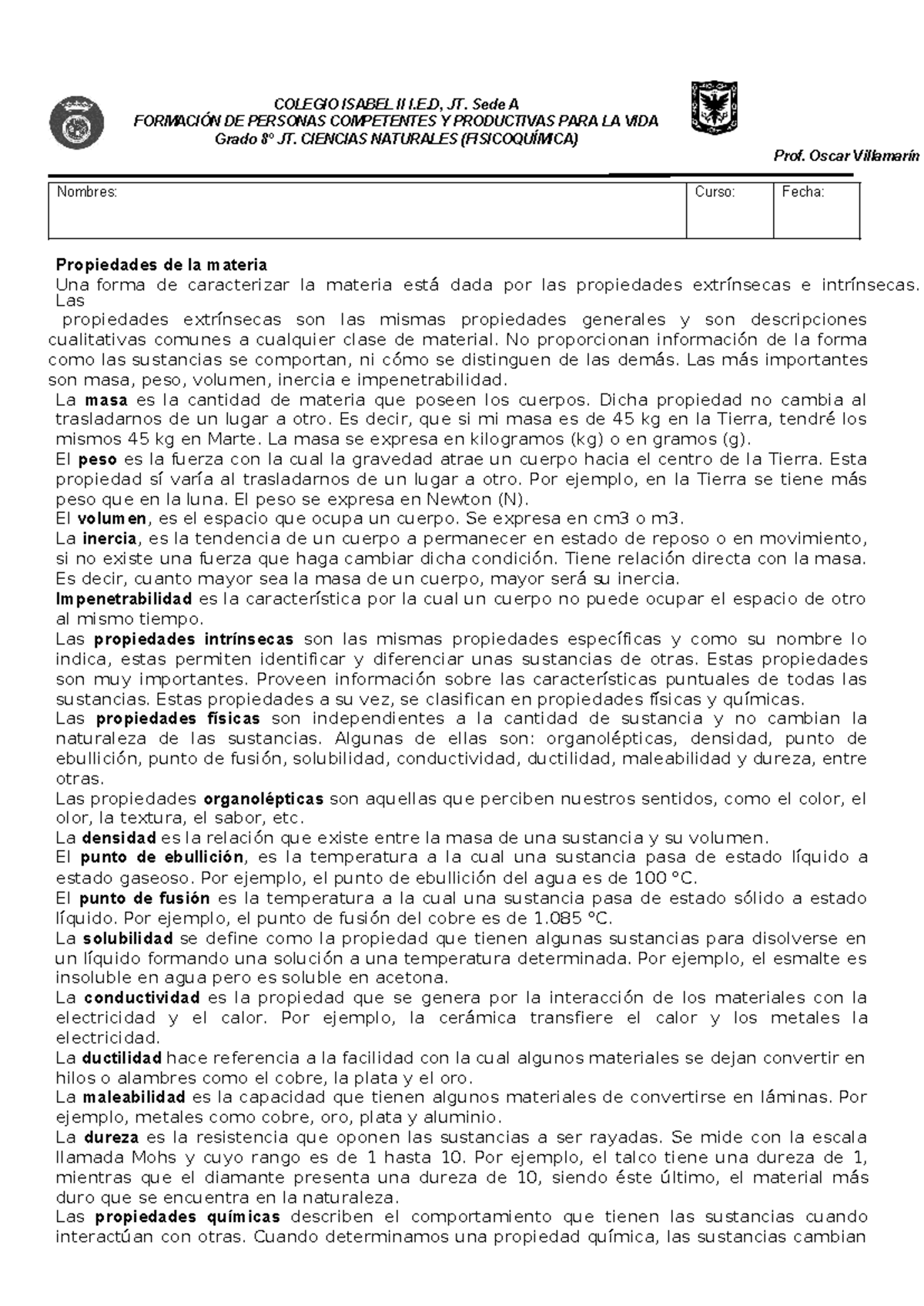 GUIA Propiedades DE LA Materia (8o) - COLEGIO ISABEL II I.E, JT. Sede A ...