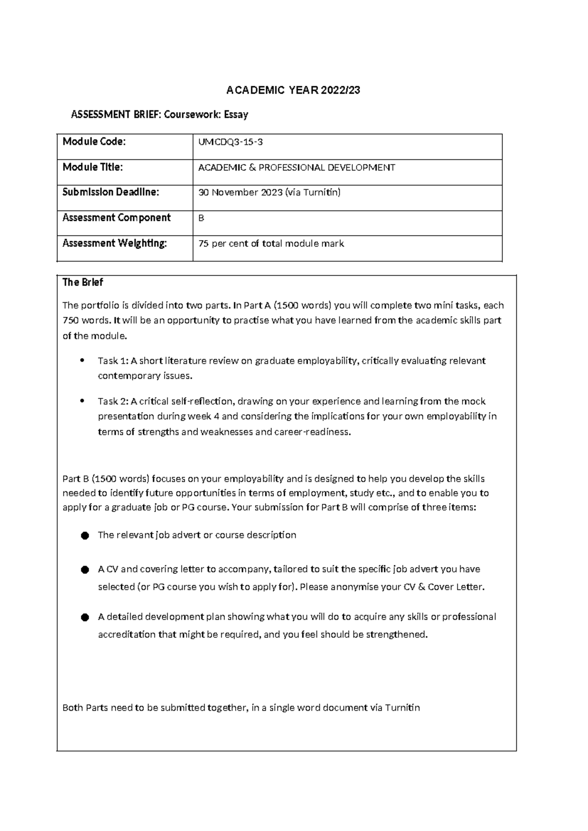 APD Component B Brief 2023-24 S1 NEU - ACADEMIC YEAR 2022/ ASSESSMENT BRIEF: Coursework: Essay ...