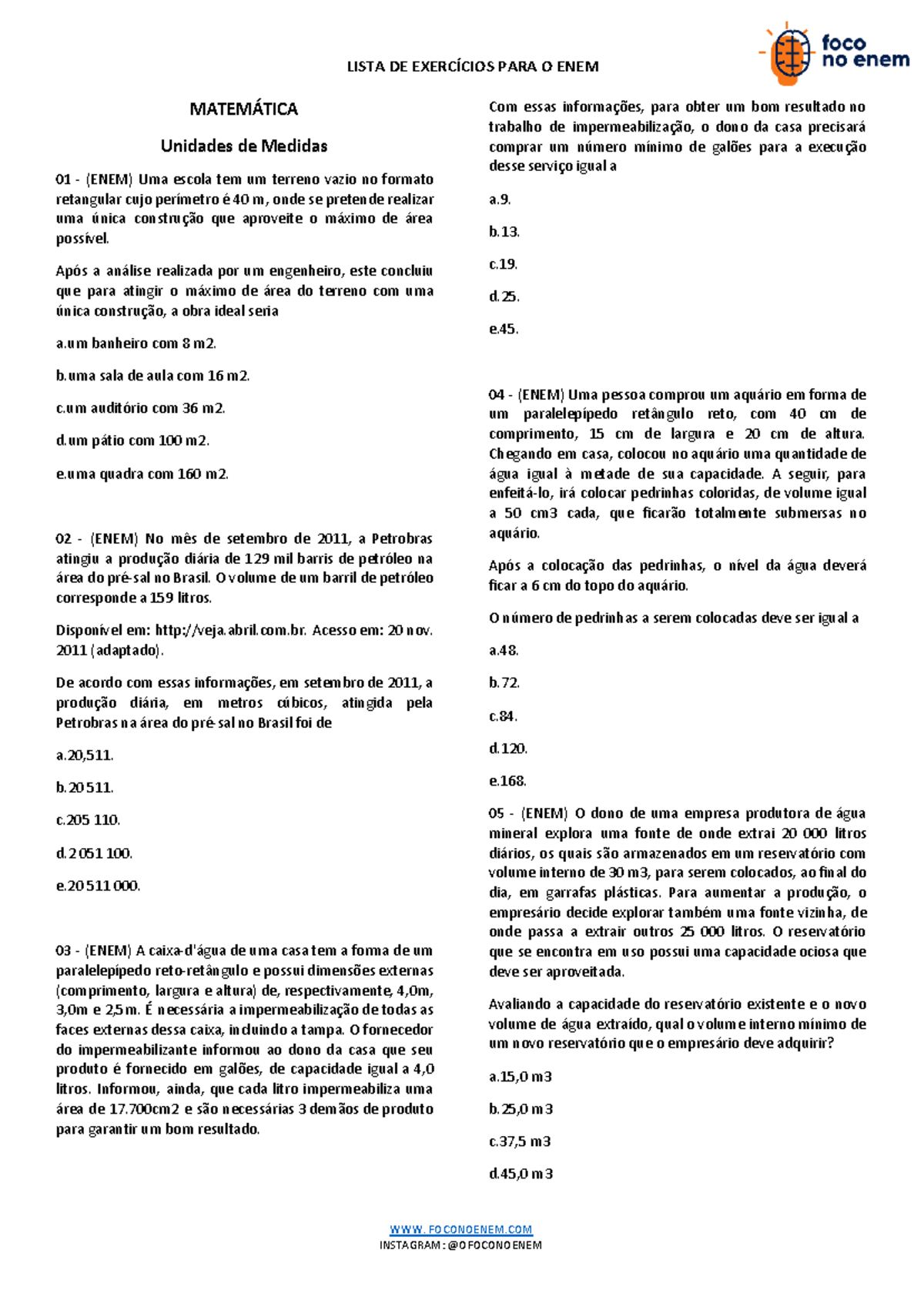 Unidades de Medidas Lista de Exercicios Matematica ENEM - MATEMÁTICA ...