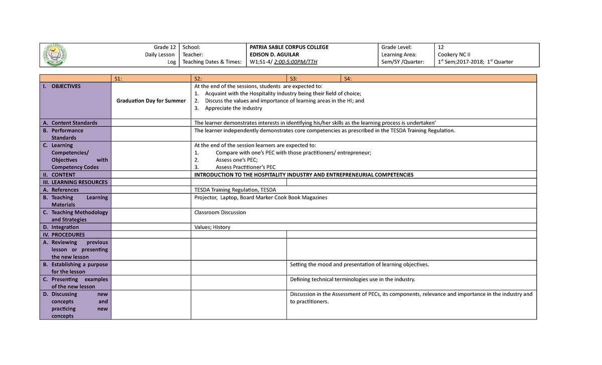 HIGH SCHOOL COOKERY SUBJECT - Grade 12 Daily Lesson Log School: Teacher ...