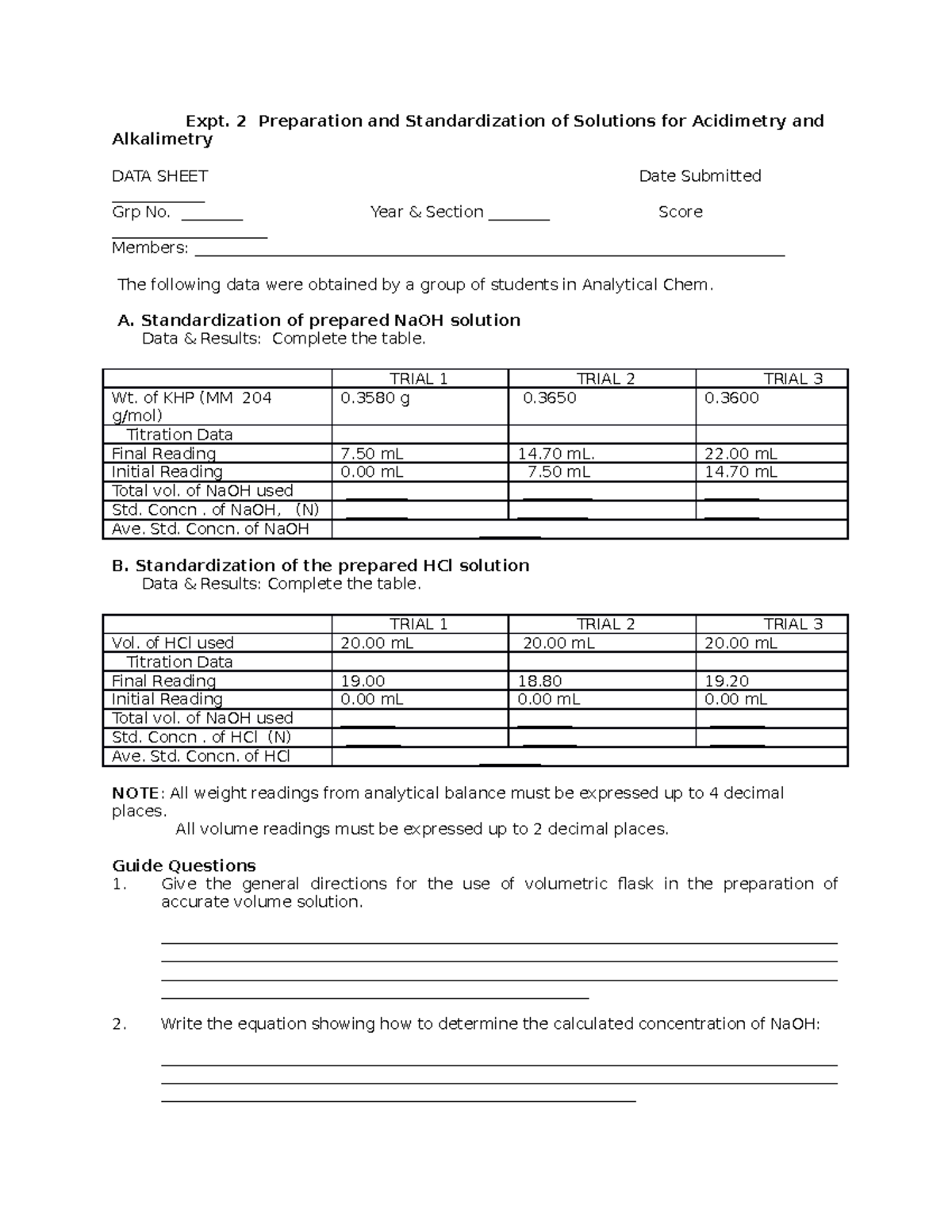 Data Sheet Expt.2 Prepn & Stdn of Solutions - Expt. 2 Preparation and ...