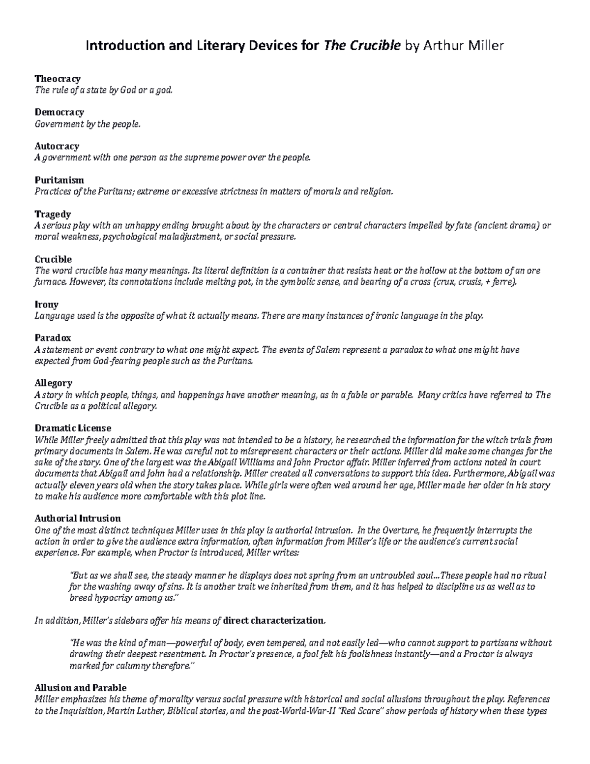 Introduction to Crucible Notes - Introduction and Literary Devices for ...