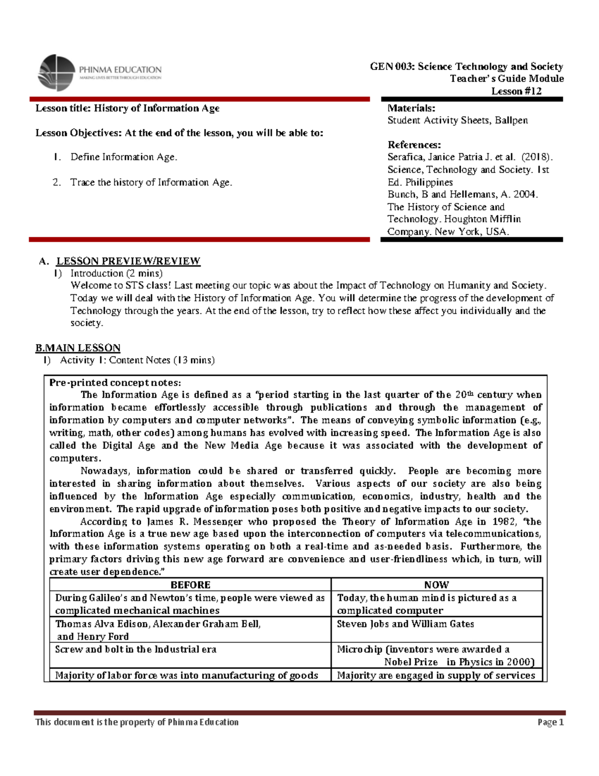 GEN 003 Day 15 Lesson 12 STS TG - Teacher’s Guide Module Lesson ...