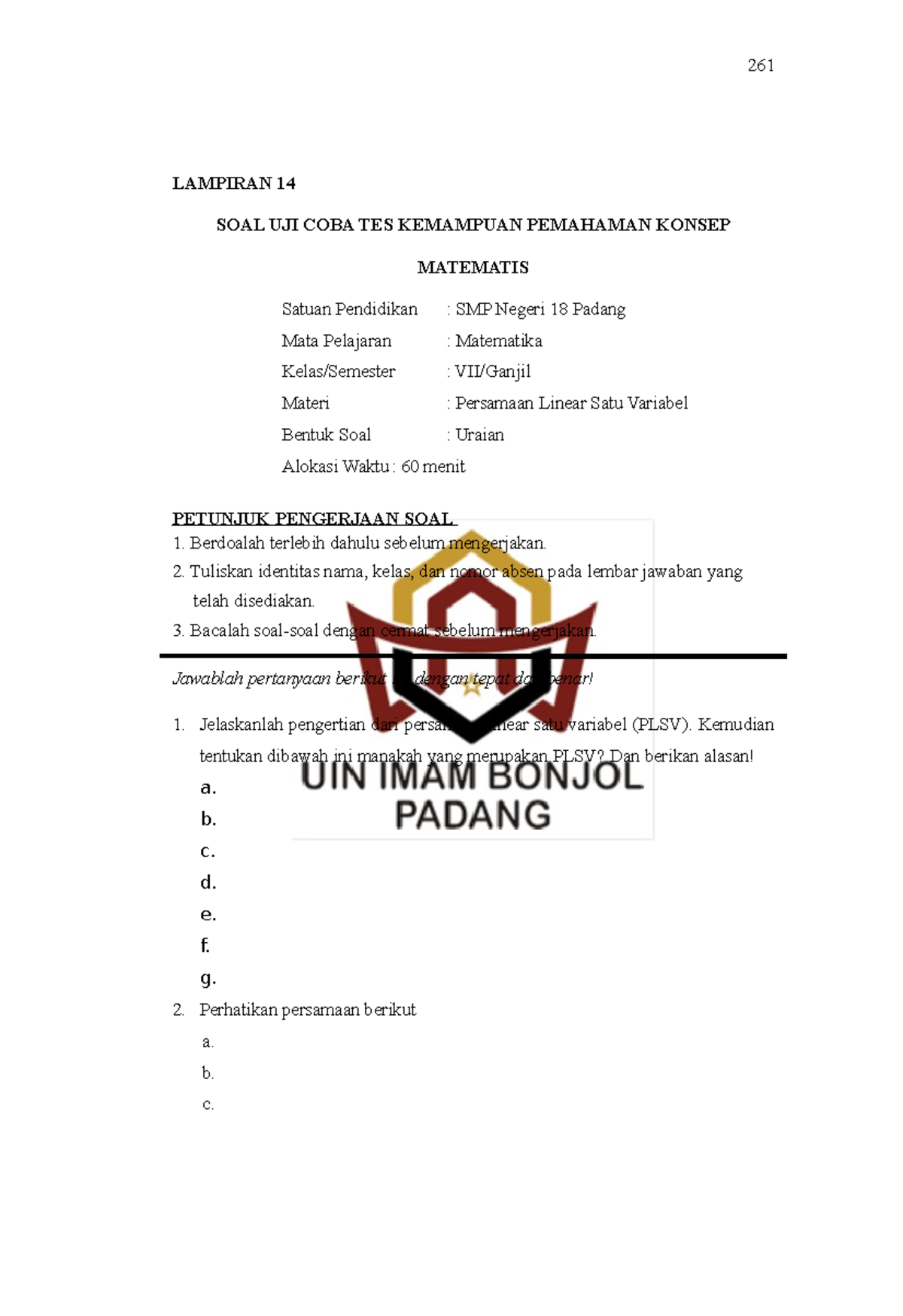 Lampiran 14 soal UJI COBA TES KPK - 261 LAMPIRAN 14 SOAL UJI COBA TES ...