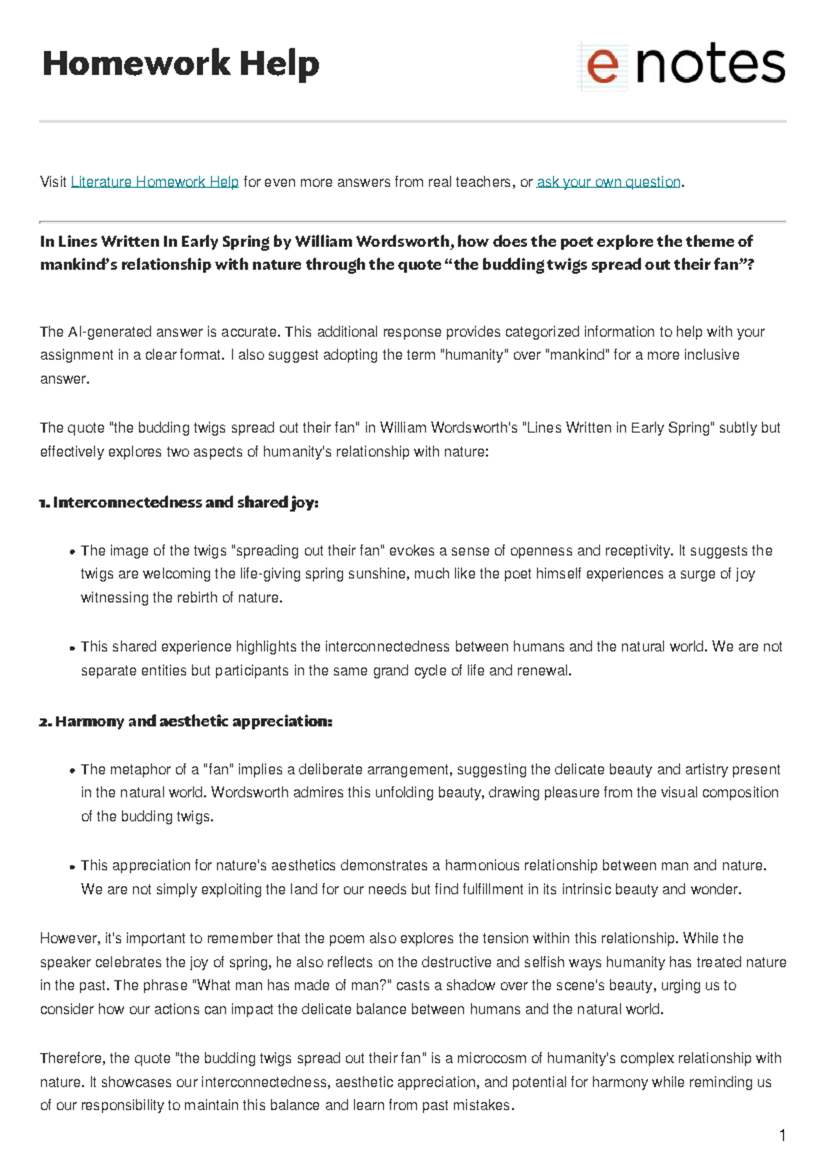 Enotes in lines written in early spring by william 3107790 - Homework ...