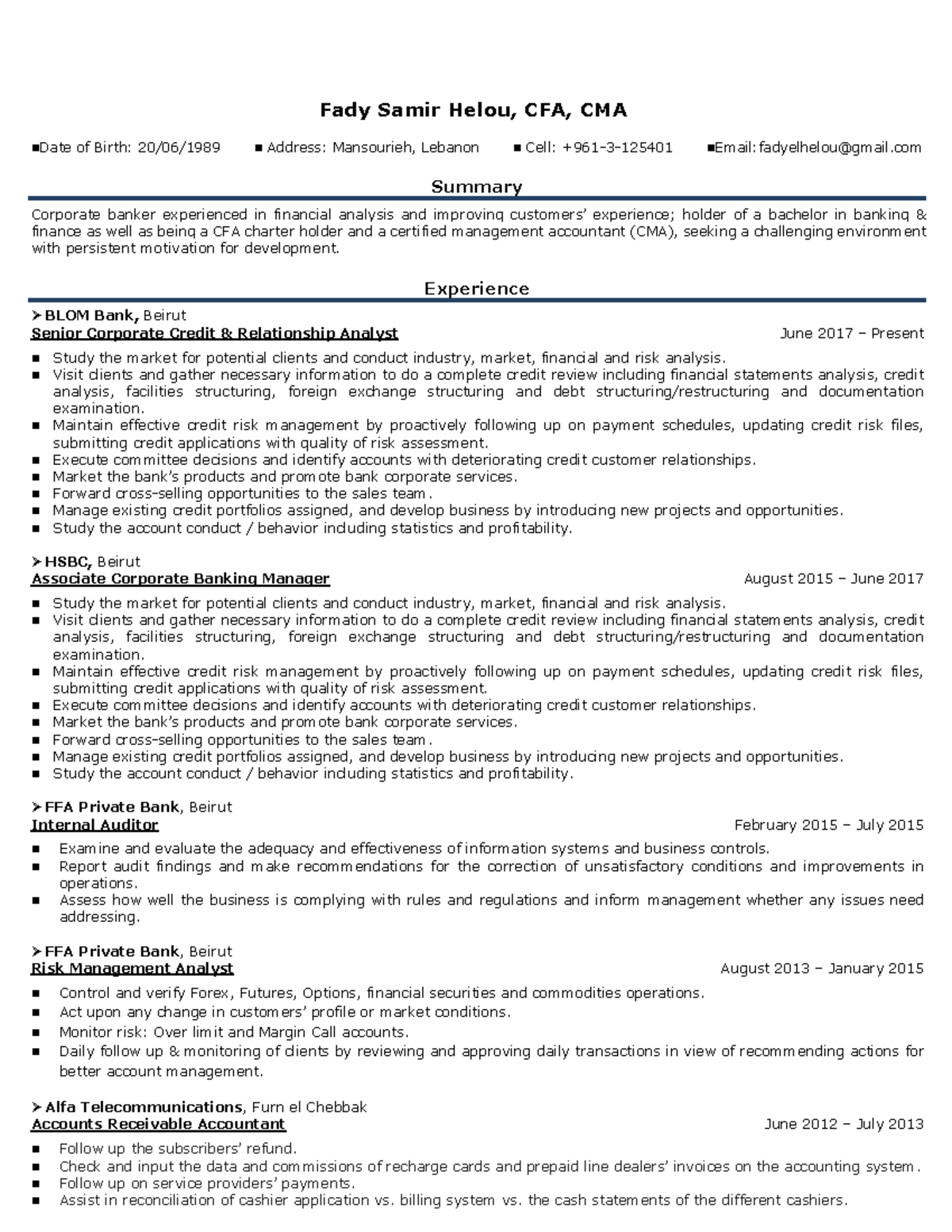 Fady+Helou+Resume - Sample CV - Fady Samir Helou, CFA, CMA nDate of Birth: 20/06/1989 n Address ...