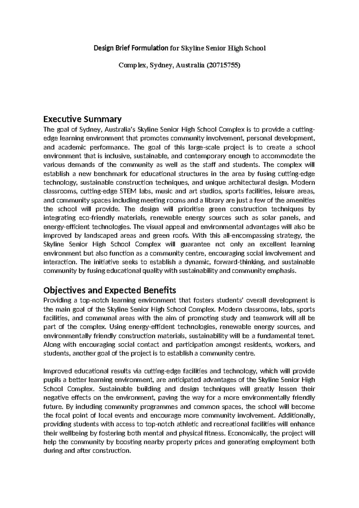 Design Brief for Skyline Senior High School - Design Brief Formulation ...