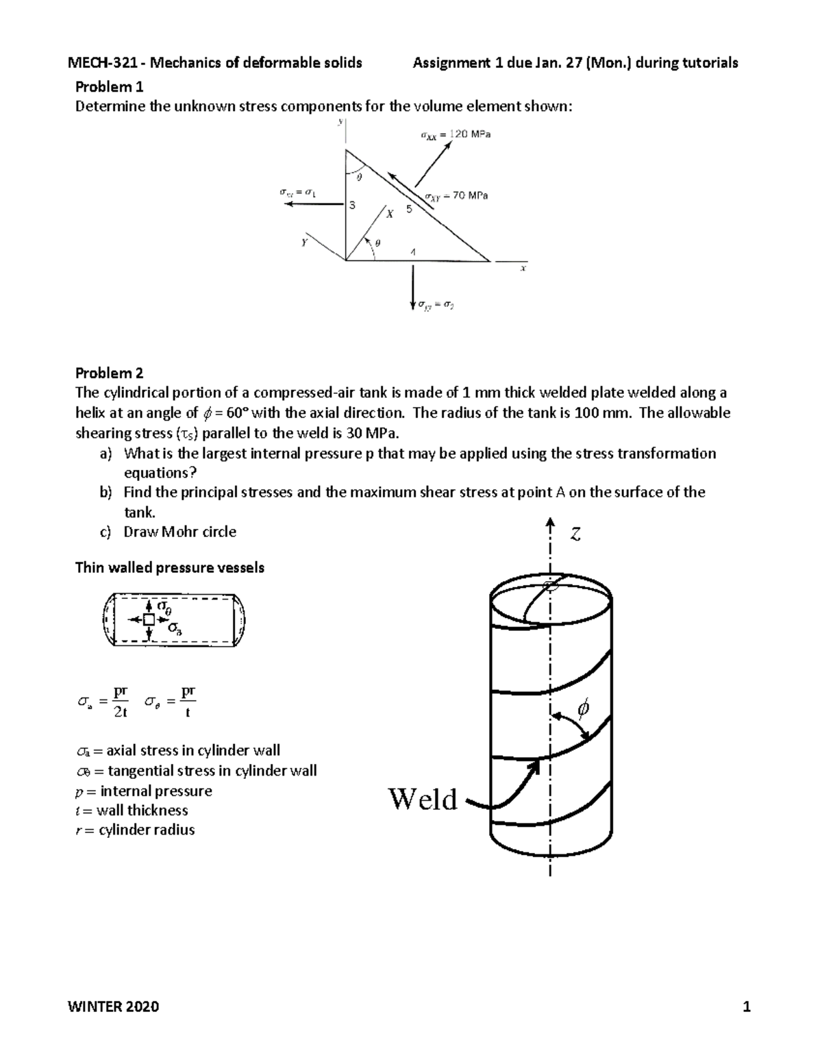 321_Assignment 1 - Warning: TT: undefined function: 32 MECH- 321 - Mechanics of deformable ...