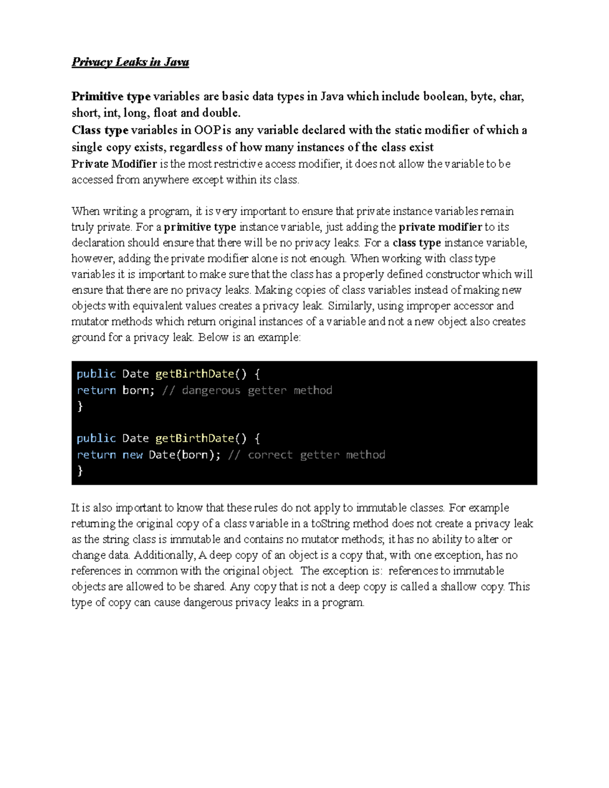 CP213 Final Review F21 - Privacy Leaks in Java Primitive type variables are basic data types in ...