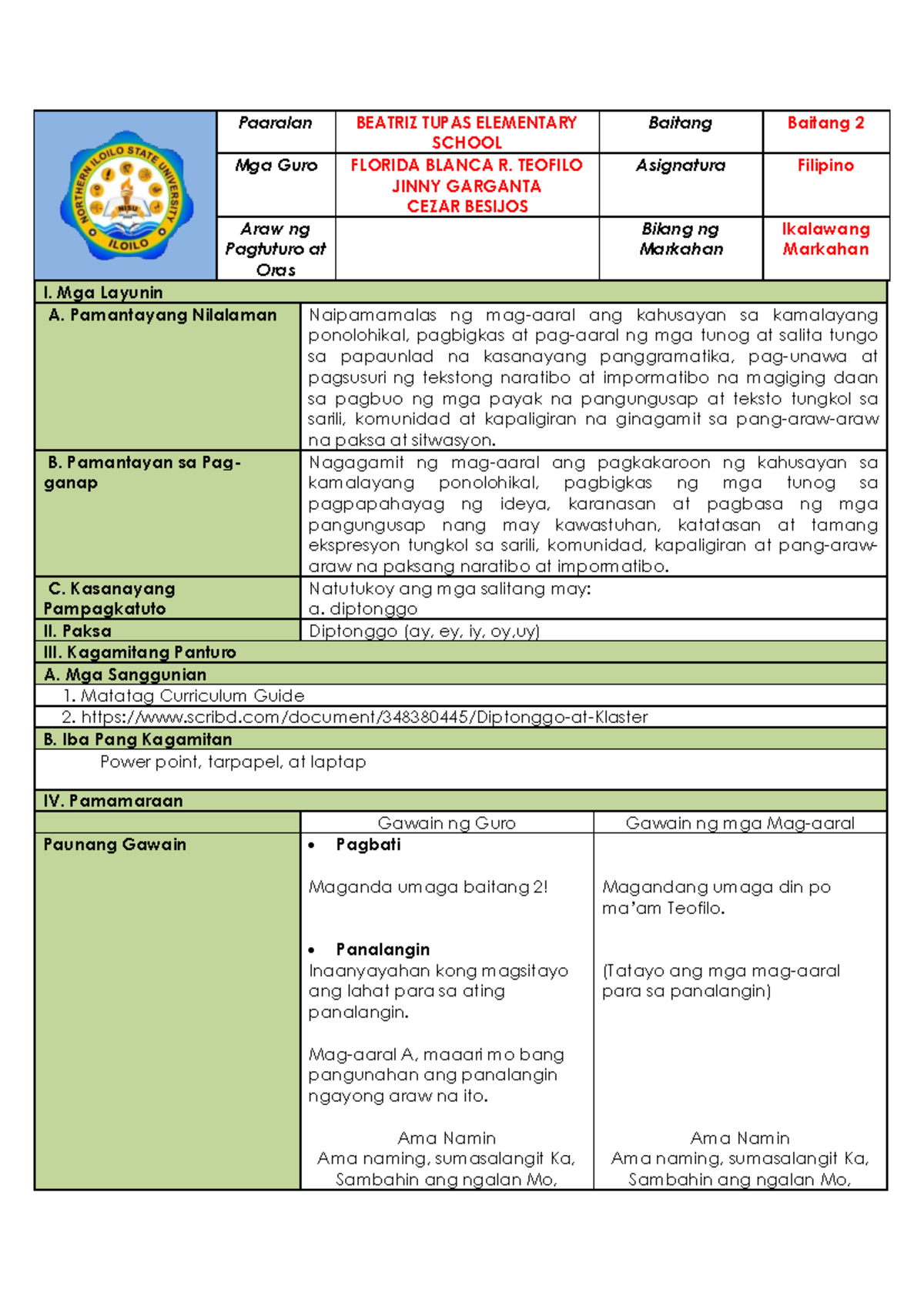 Lesson Plan. Florida. Bugtong - I. Mga Layunin A. Pamantayang Nilalaman ...