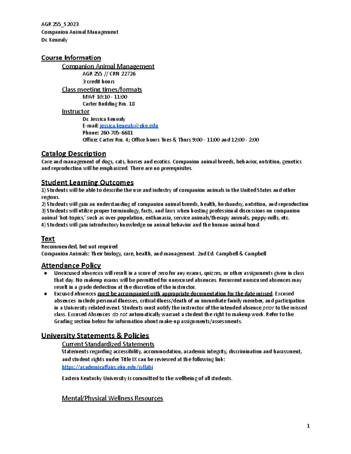 AGR255 Syllabus SP2023 - AGR 255_S Companion Animal Management Dr ...
