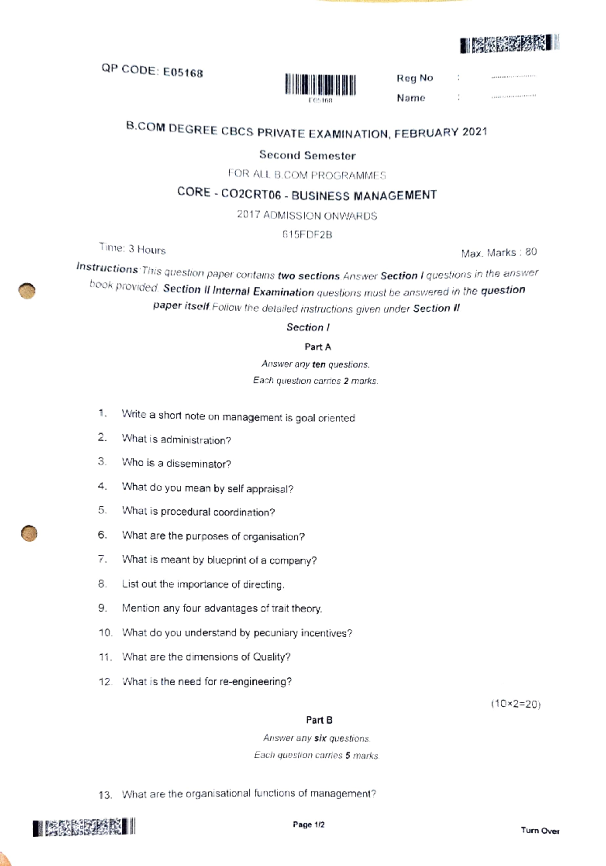 Bus mgt feb 21 - Bus mgt feb 21 - QP CODE: E Reg No ******* Name T B DEGREE CBCS PRIVATE - Studocu