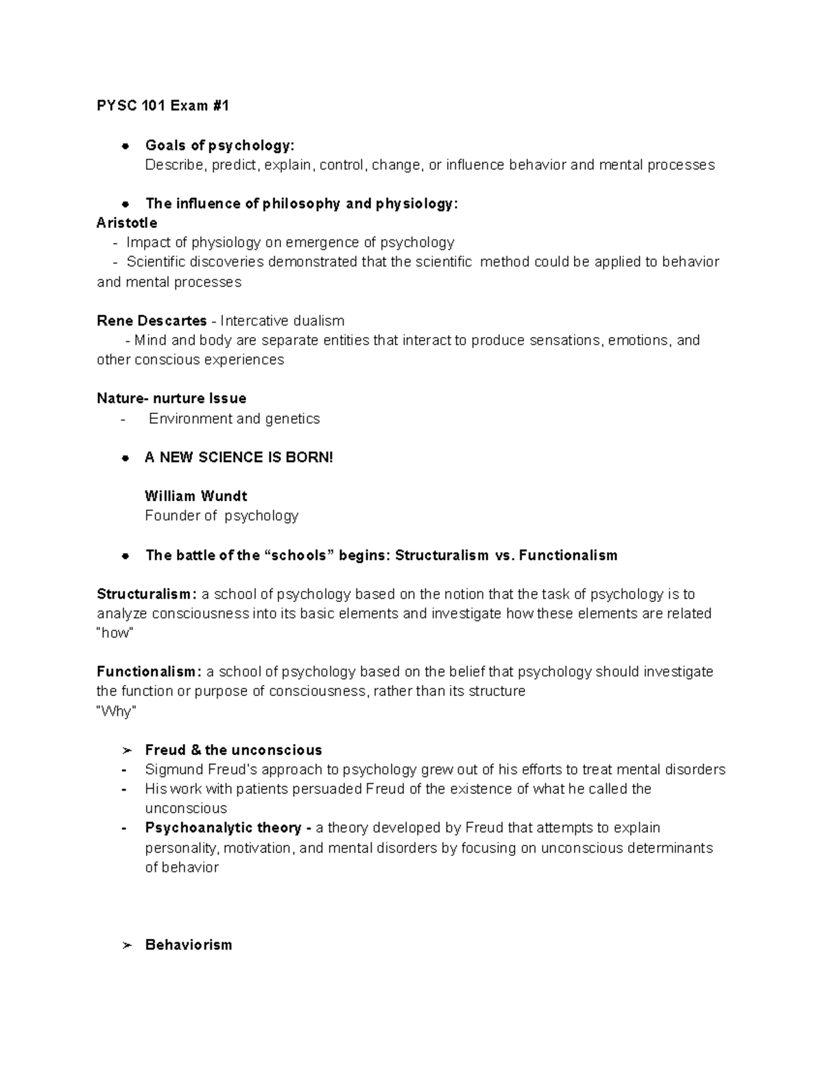 PYSC 101 EXAM 1 - Exam 1 notes - PYSC 101 Exam # Goals of psychology ...