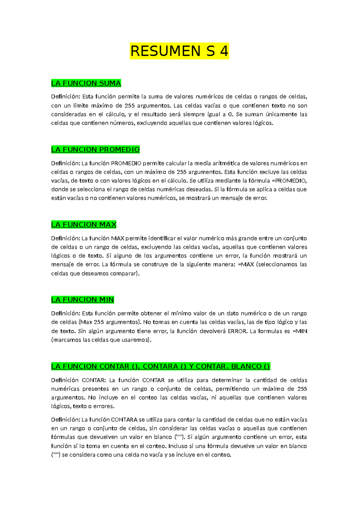 Resumen semana 4 - RESUMEN S 4 LA FUNCION SUMA Definición: Esta función ...