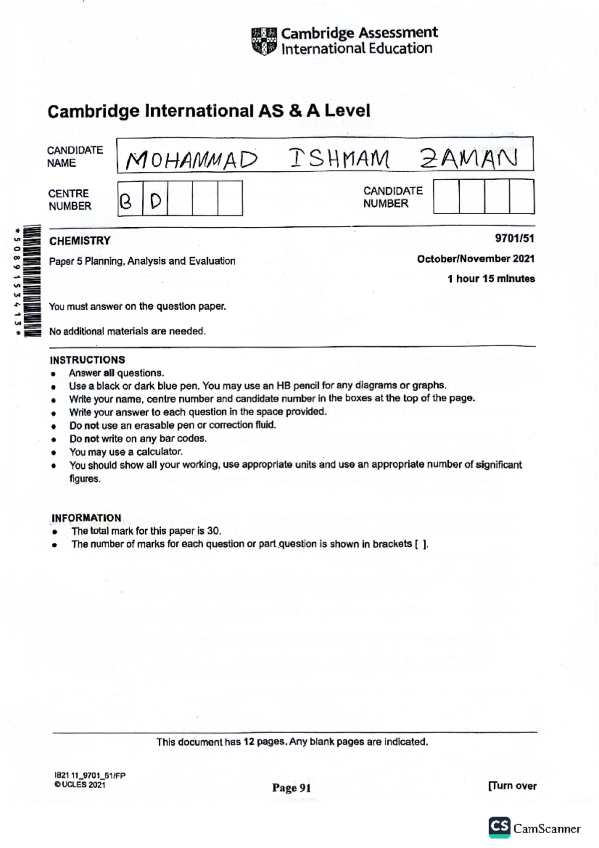 Cambridge A level Chemistry 9701 Paper 5 - Studocu