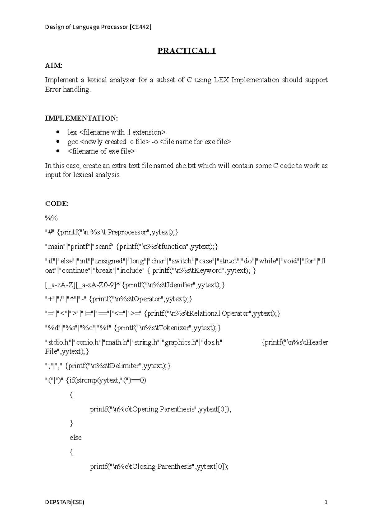Prac1 - 2e2e - Design of Language Processor [CE442] PRACTICAL 1 AIM ...