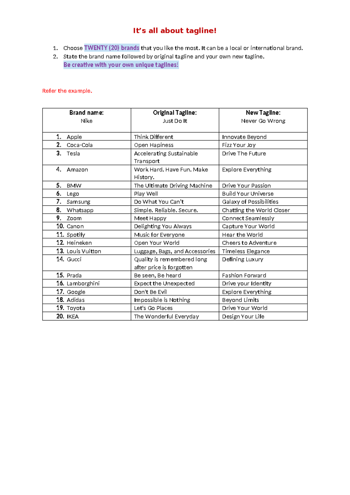 Tagline creativity tutorial - It’s all about tagline! 1. Choose TWENTY ...