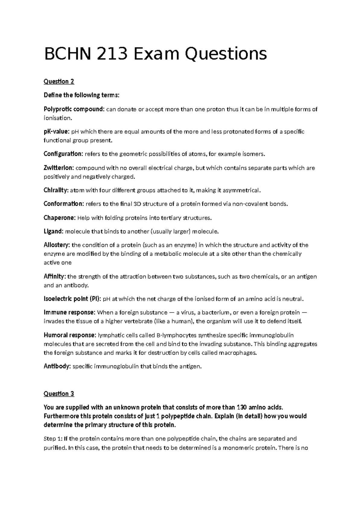 BCHN 213 Exam Questions - BCHN 213 Exam Questions Question 2 Define the ...