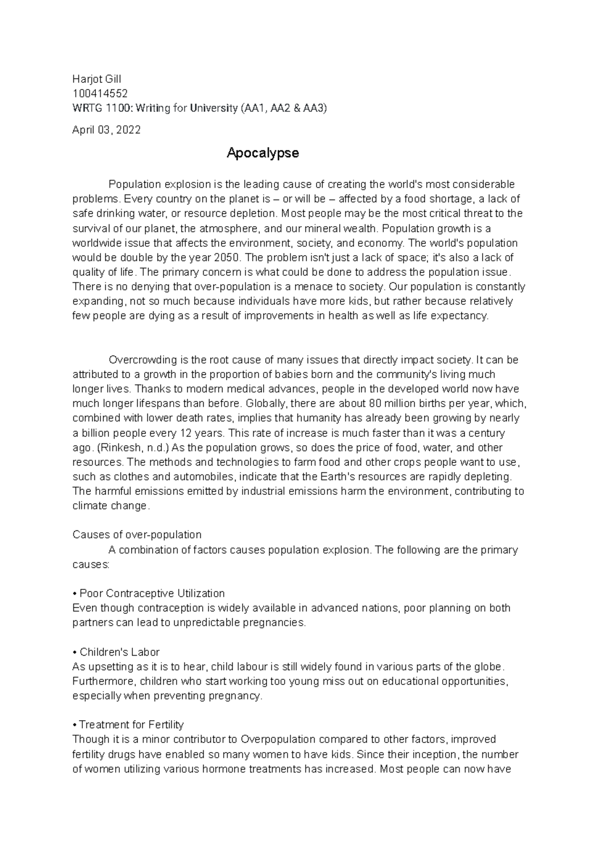 assignment Apocalypse - Harjot Gill 100414552 WRTG 1100: Writing for ...