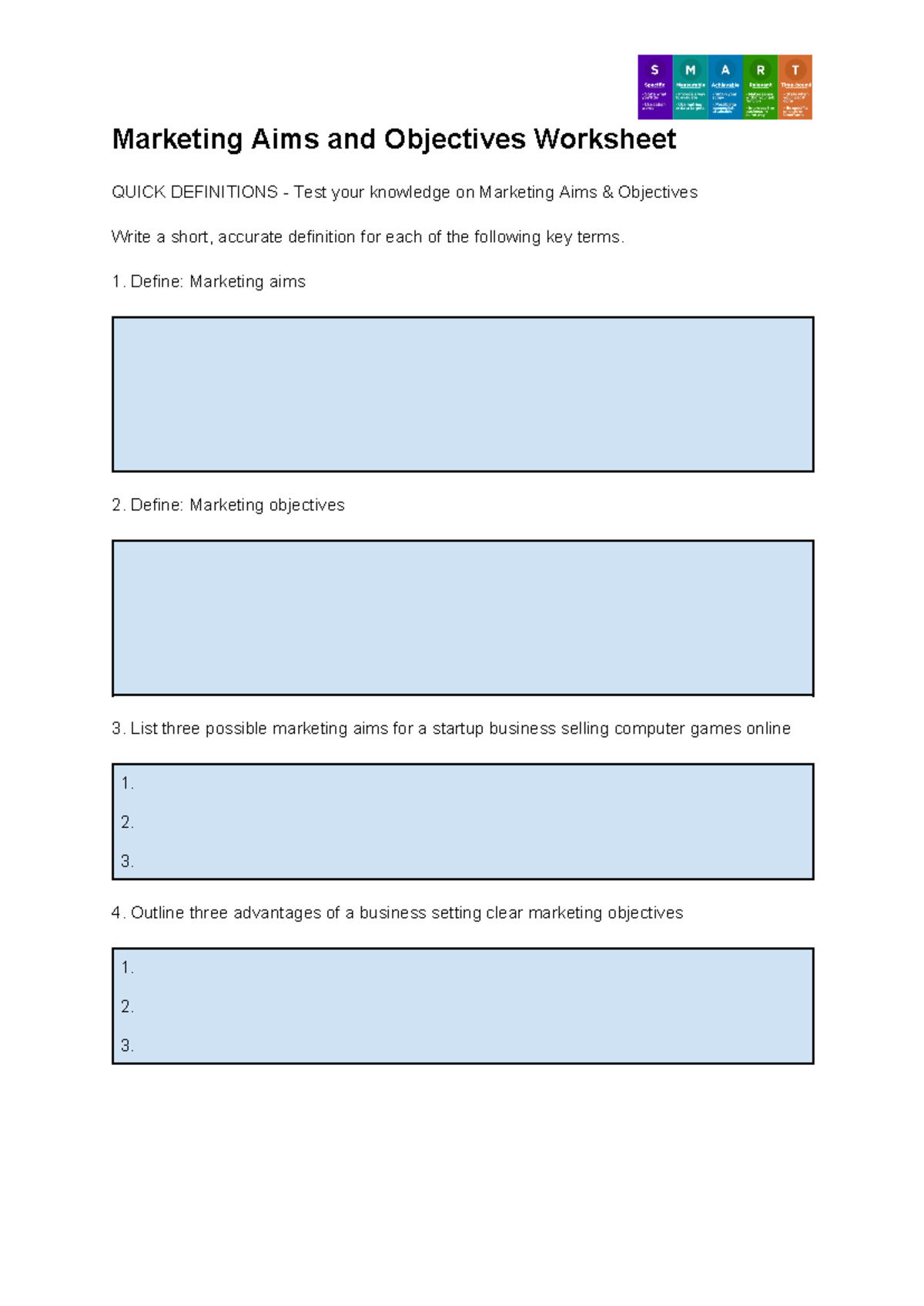 Marketing Aims Objectives Worksheet - Marketing Aims and Objectives ...