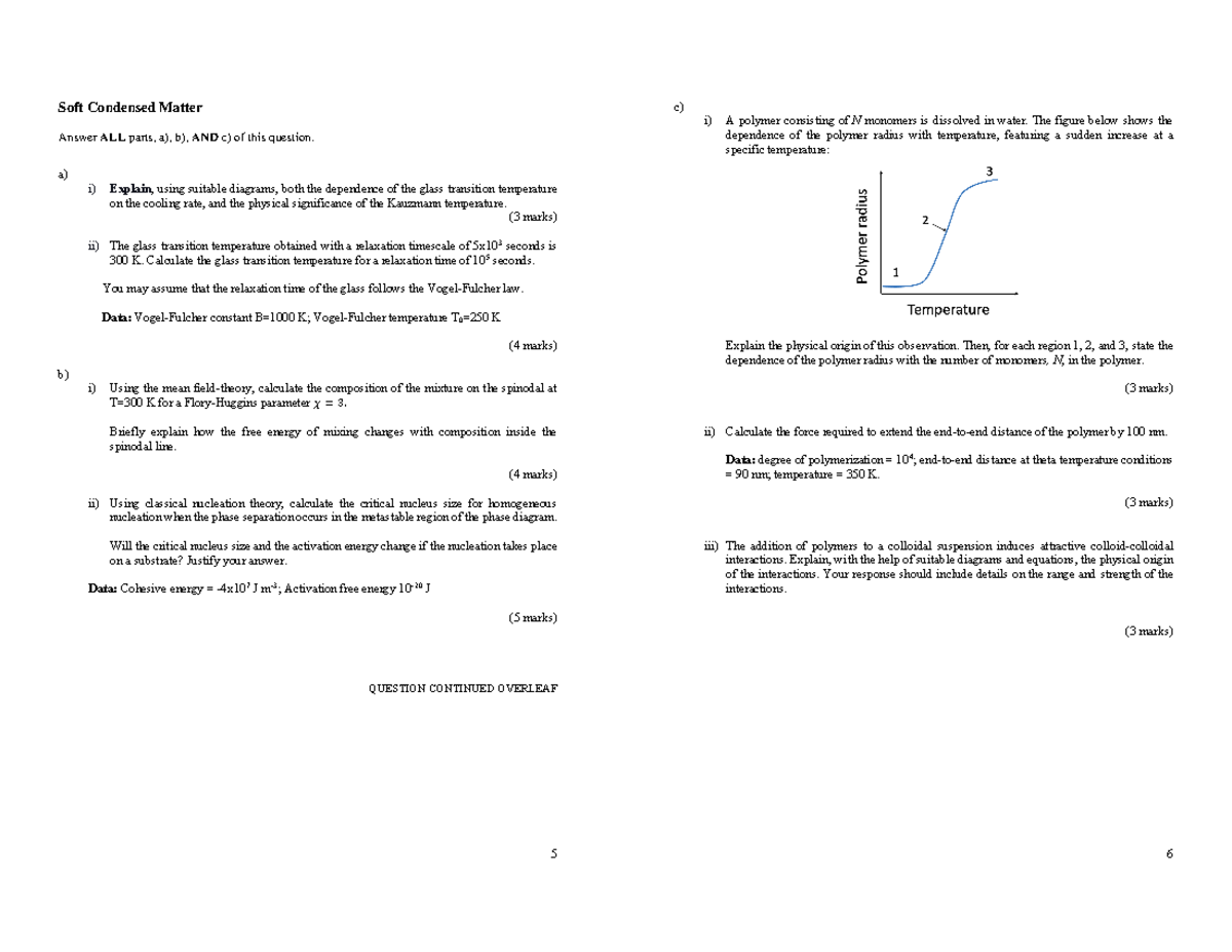 soft condensed matter past questions - 5 Soft Condensed Matter Answer ALL parts, a), b), AND c ...