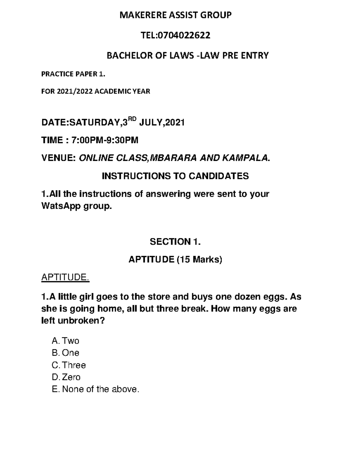 PRE ENTRY PAPER FOR YEAR ONES SEMESTER ONE - Bachelors of law - UMU ...