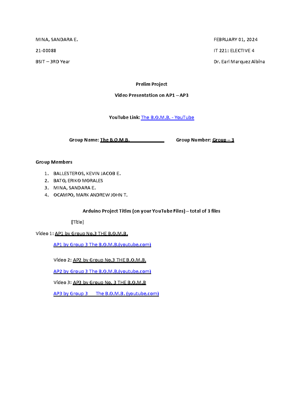 Prelim-Project-by-Mina Sandara - MINA, SANDARA E. FEBRUARY 01, 2024 21-00088 IT 221: ELECTIVE 4 ...