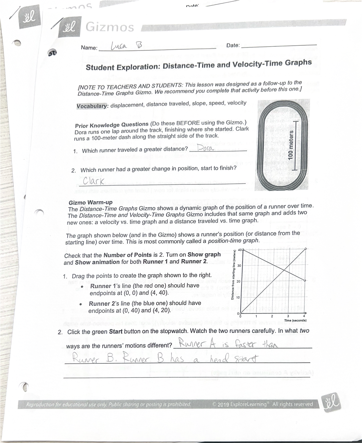Student Exploration Distance-Time and Velocity-Time Graphs - el el ...