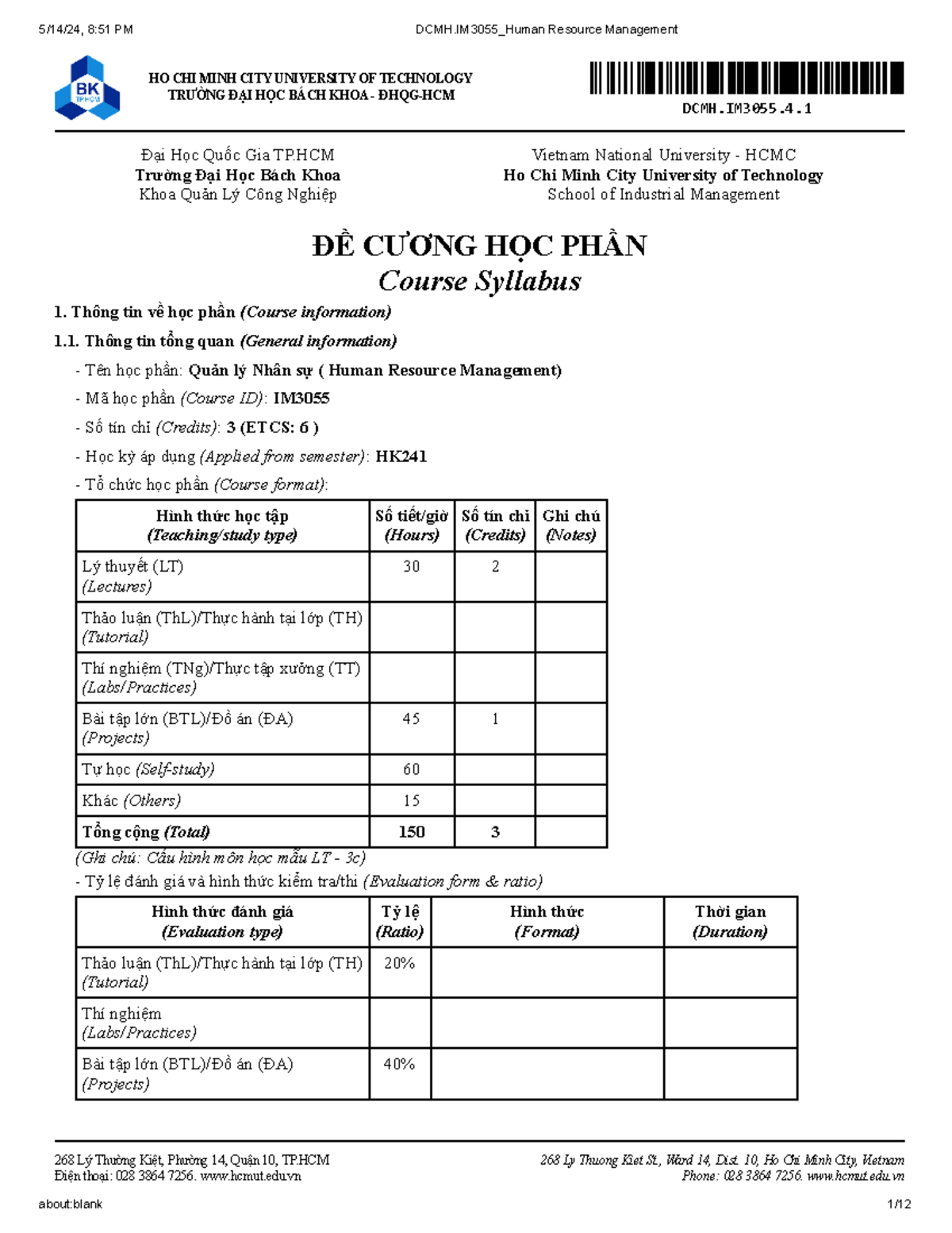 DCMH.IM3055 Human Resource Management - HO CHI MINH CITY UNIVERSITY OF ...