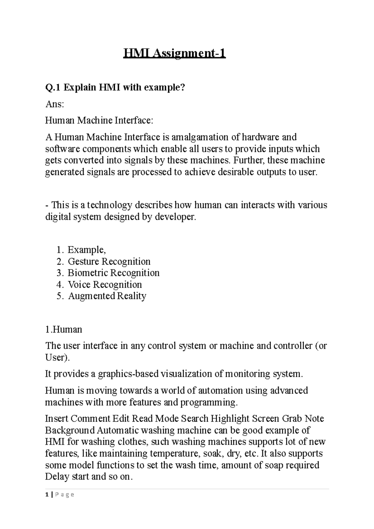 HMI Assignment-1 - HMI Assignment-1 - HMI Assignment- Q Explain HMI ...