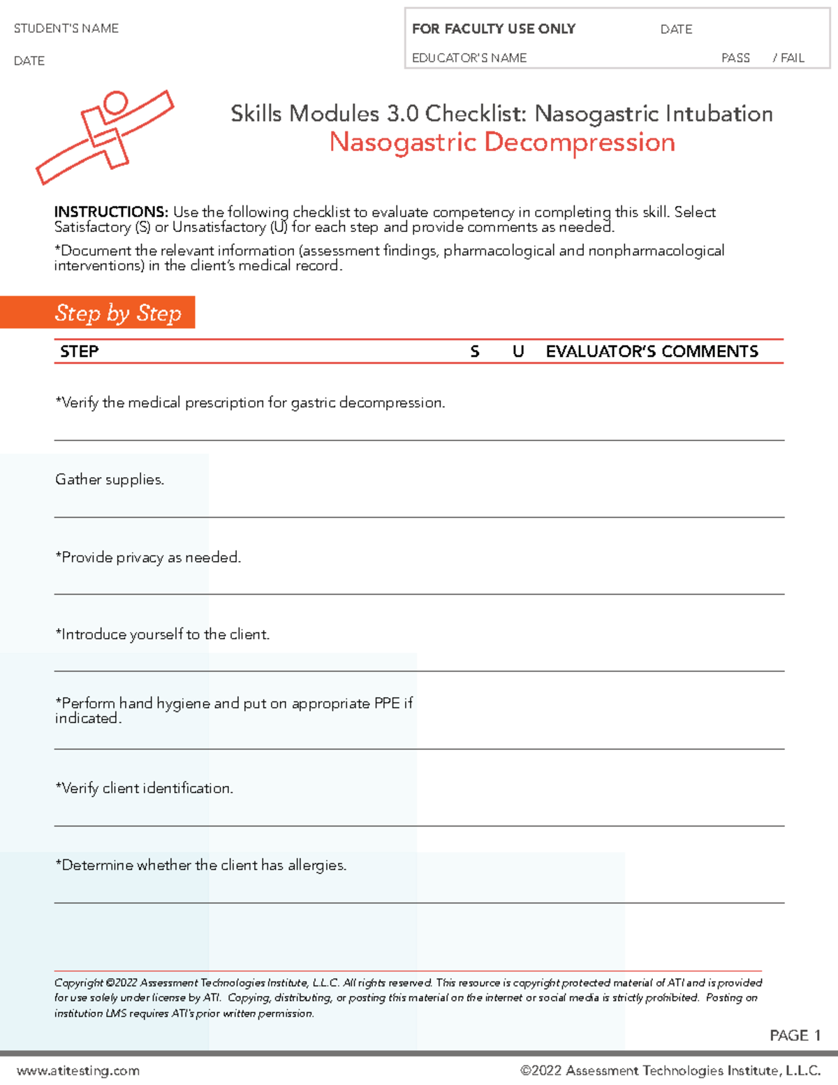 Skills Checklist Nasogastric Decompression - atitesting ©2022 ...