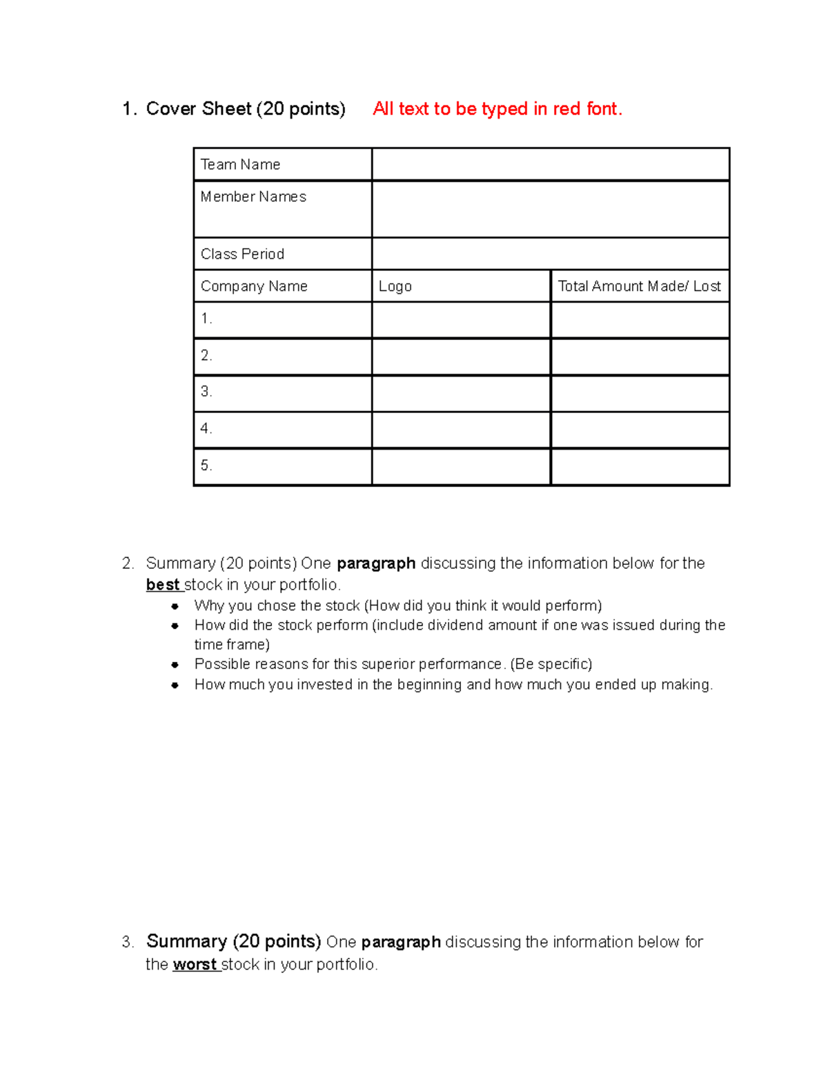 Stock Project Submission - 1. Cover Sheet (20 points) All text to be ...