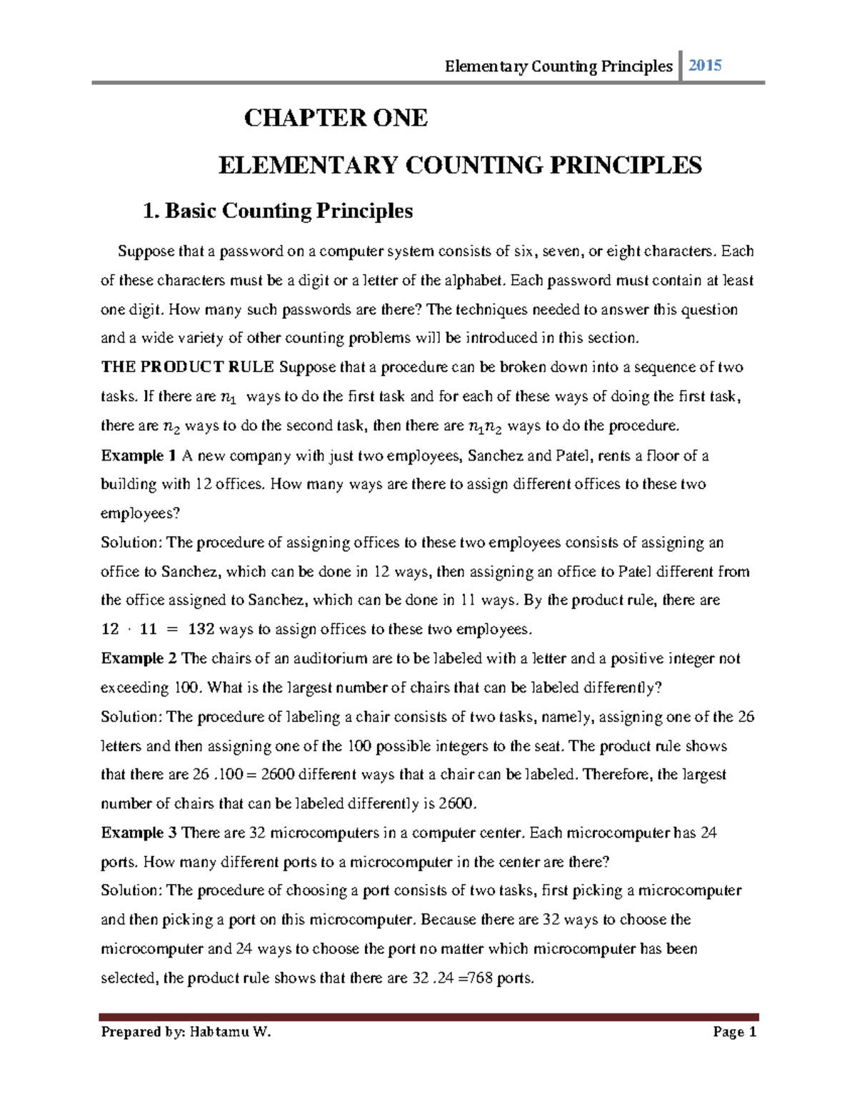 Discrete Math Chapter 1 - CHAPTER ONE ELEMENTARY COUNTING PRINCIPLES 1 ...