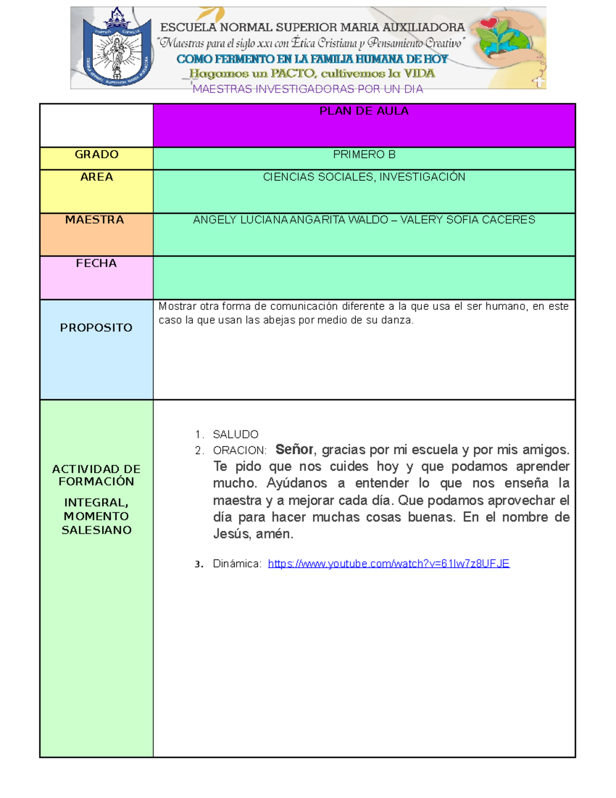 Formato plan de aula - todas - MAESTRAS INVESTIGADORAS POR UN DIA PLAN ...