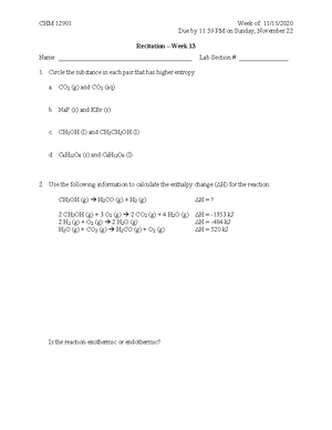 R10 - Extra Practice Problems - CHM 12901 Fall 202 1 Extra Practice Problems – Week 10 Consider ...