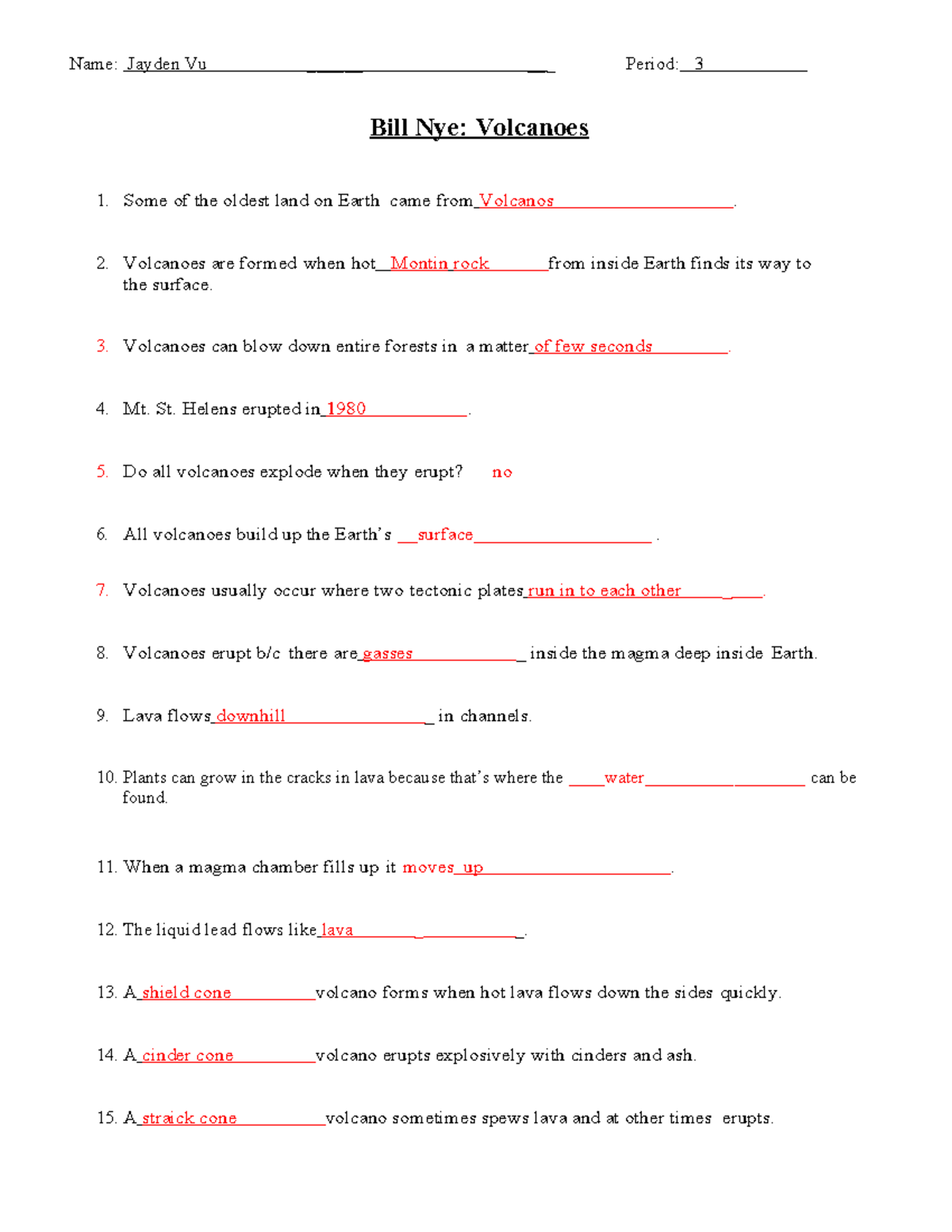 Bill Nye Volcano Worksheet - Name: Jayden Vu ______ ___ Period: 3 Bill ...